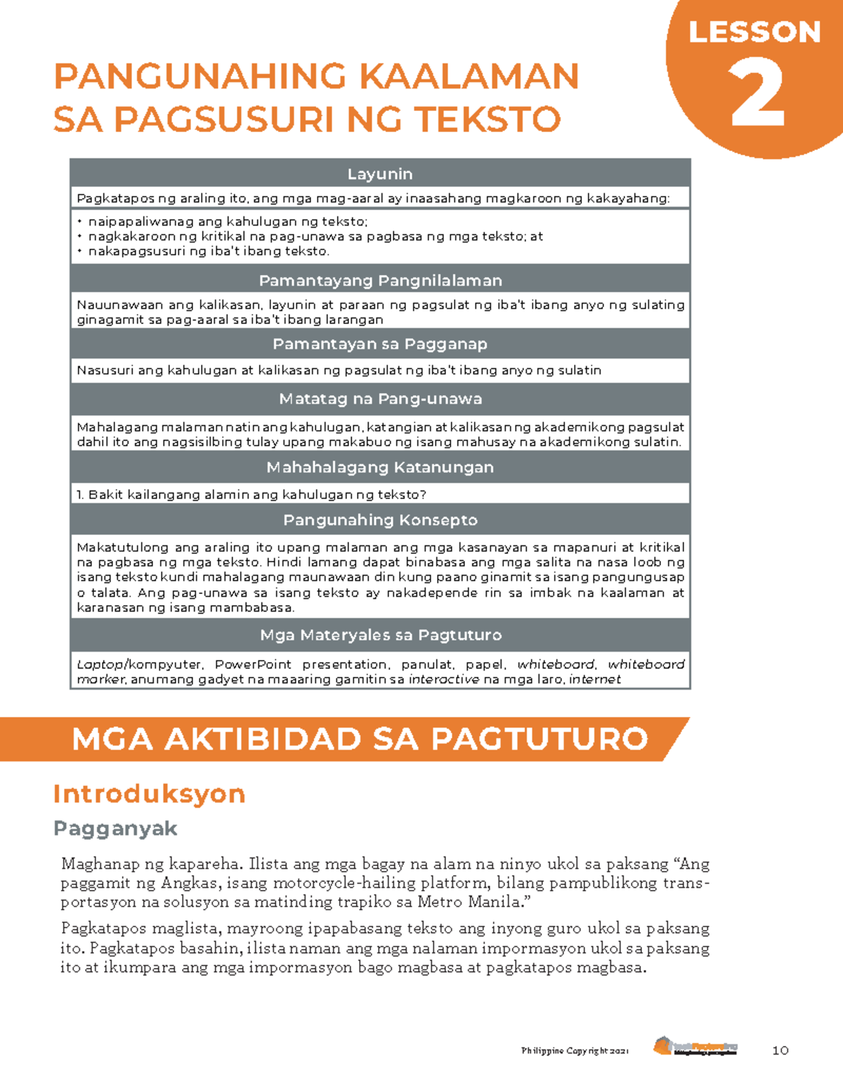 Lesson 02 - NONE - LESSON 2 PANGUNAHING KAALAMAN SA PAGSUSURI NG TEKSTO Layunin ...