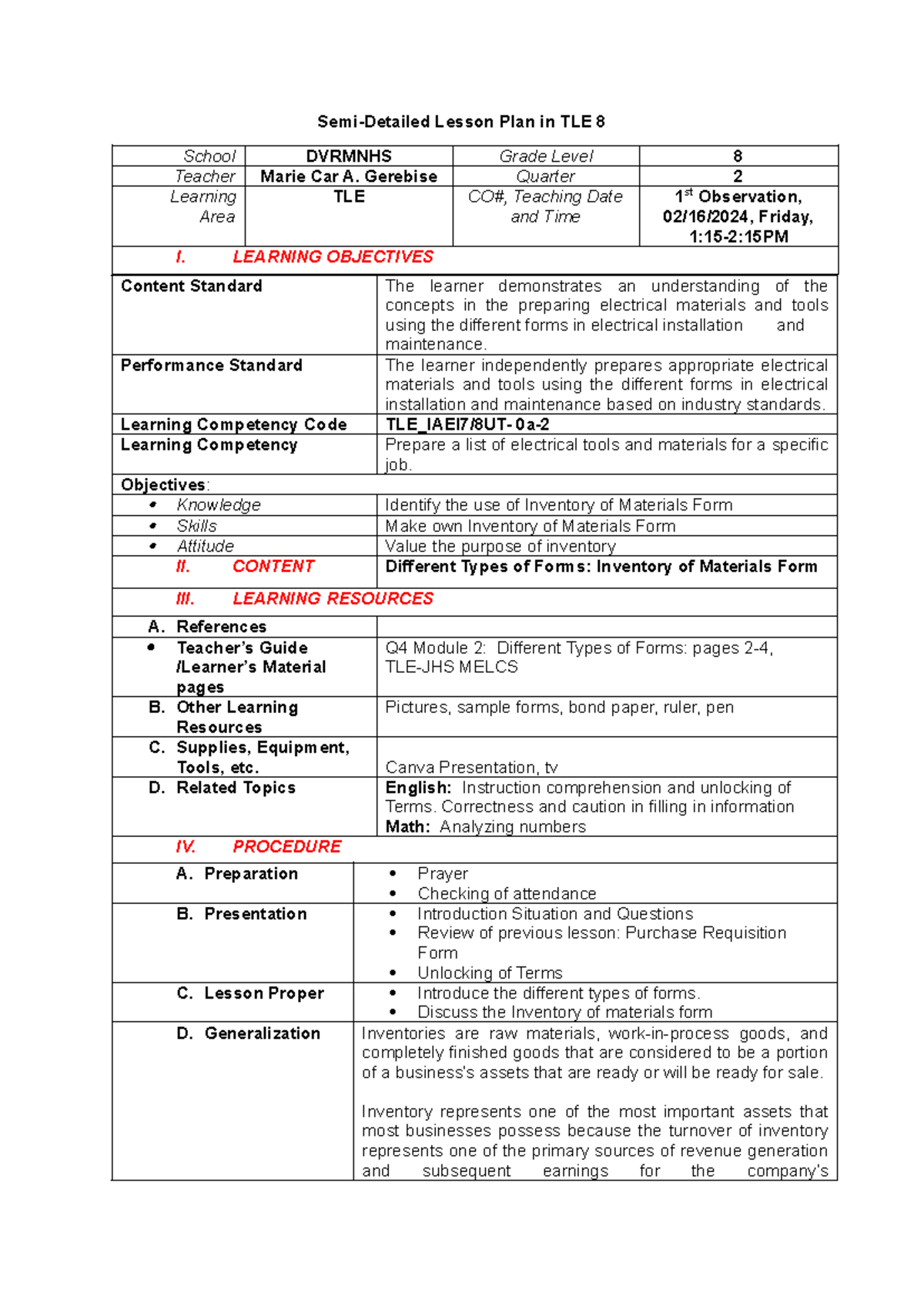 COT-1-LP - Lesson plan - Semi-Detailed Lesson Plan in TLE 8 School ...
