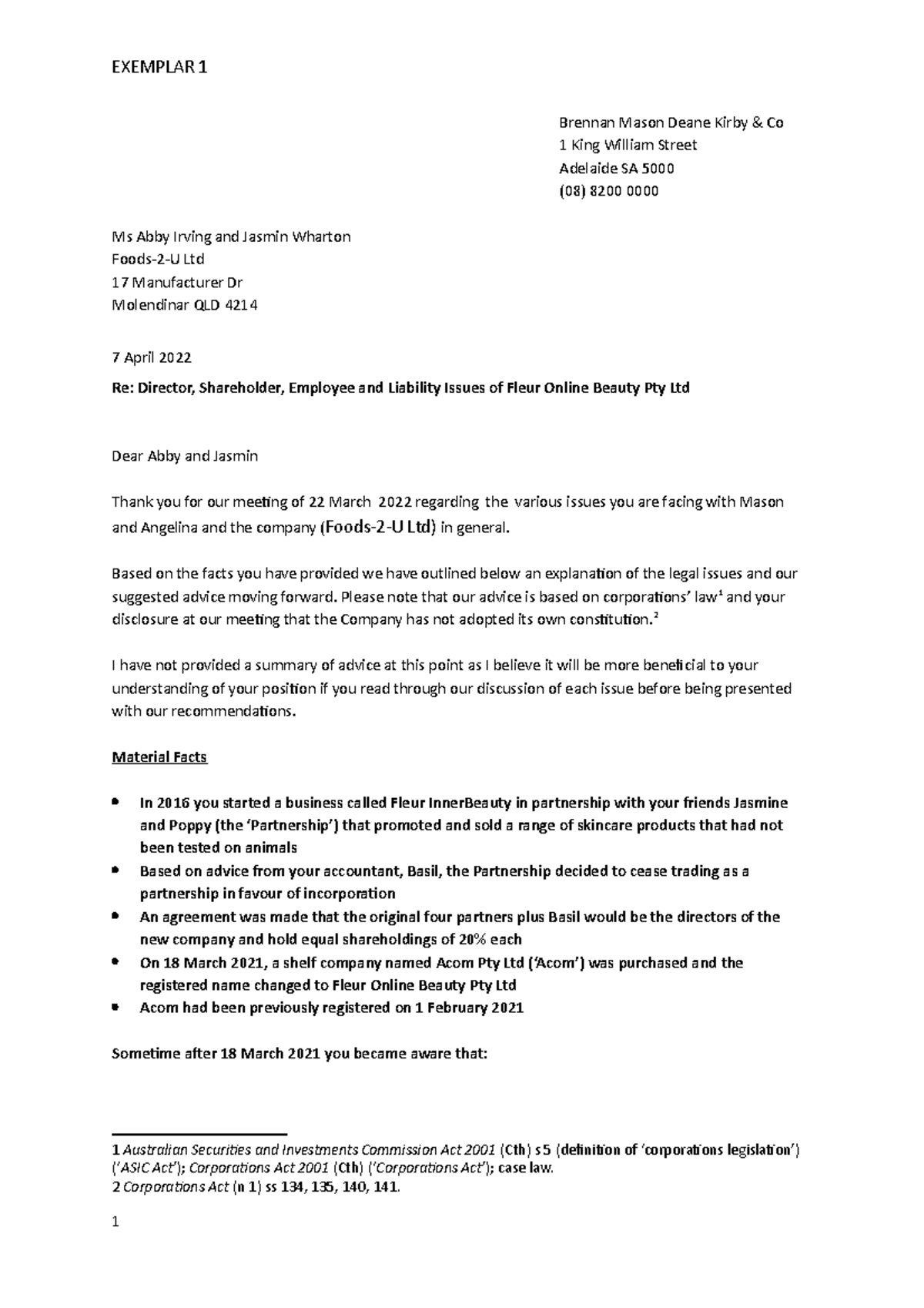Contract letter of advice example - Brennan Mason Deane Kirby & Co 1 ...