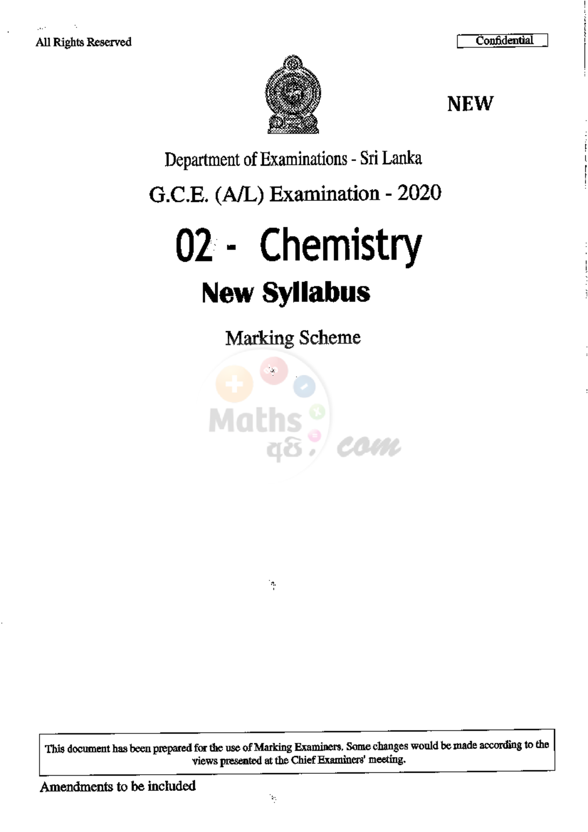 Advanced Level Chemistry 2020 Marking Scheme - New Syllabus - English Medium - CHE1CHF - Studocu