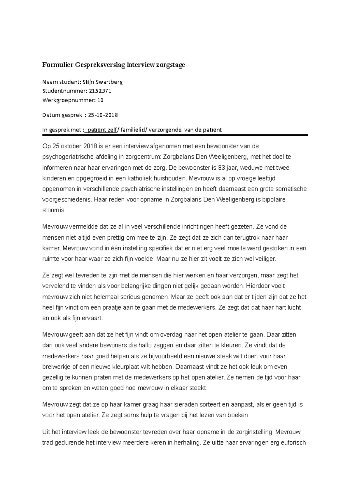 Gespreksverslag verdiepingsdagen - Formulier Gespreksverslag interview ...