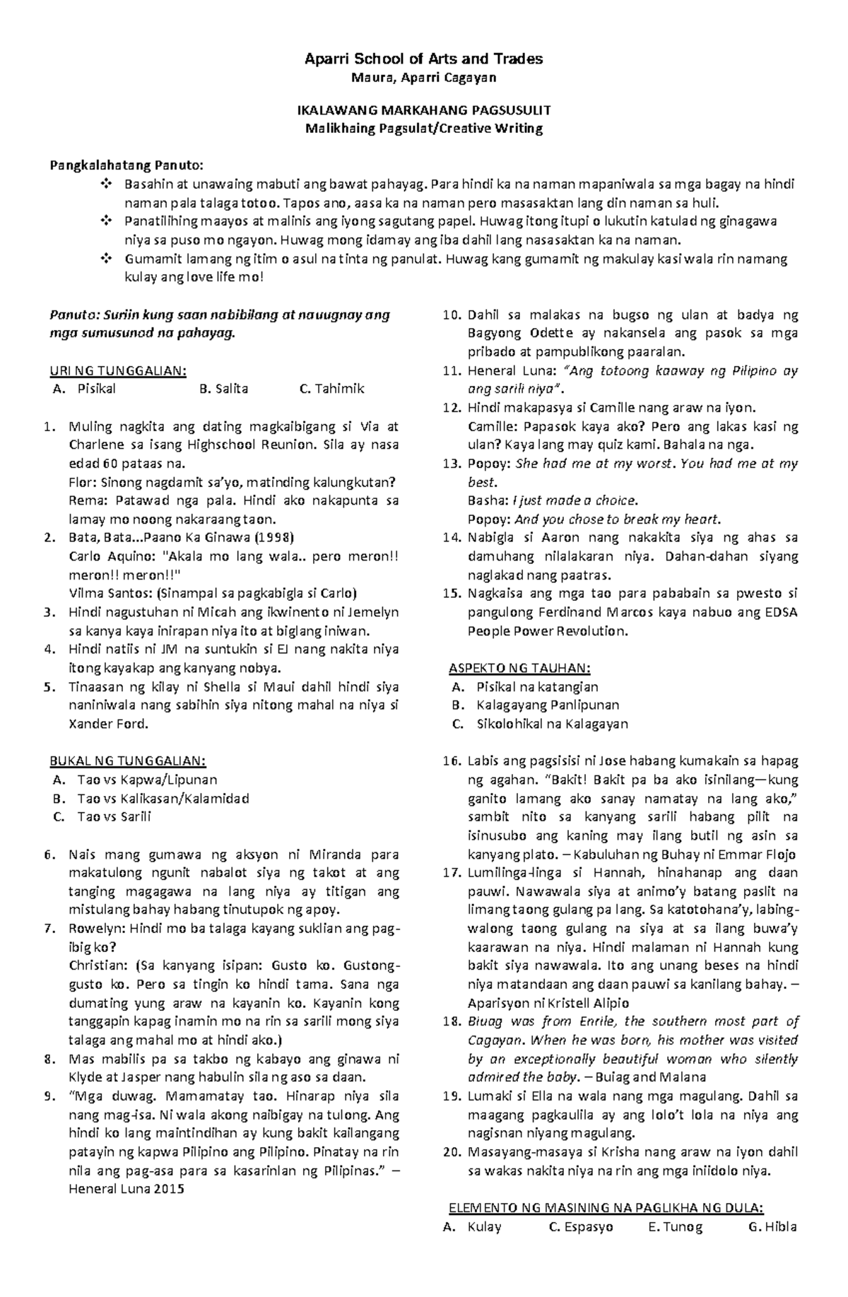 Malikhaing Pagsulat Sample EXAM - Aparri School of Arts and Trades ...
