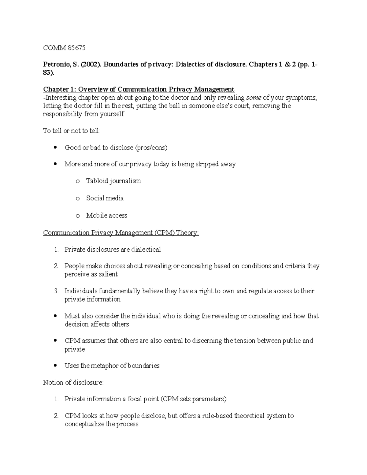Reading Log CPM Theory - COMM 85675 Petronio, S. (2002). Boundaries of ...