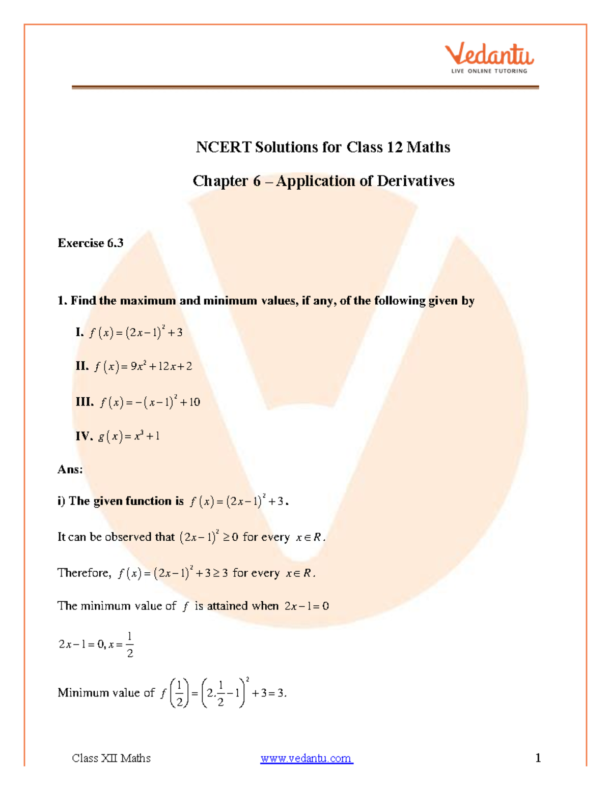 Ncert Solutions Maths Exercise 6.3 Class 12 Chapter 6 - Application of Derivatives - NCERT ...