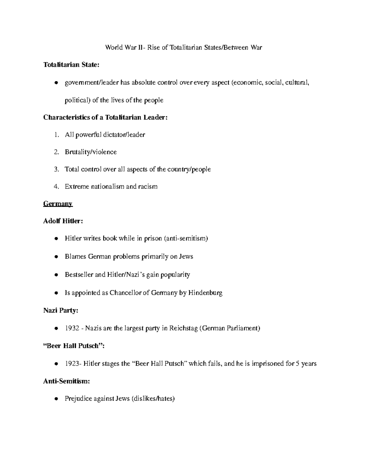 Test study guide - idk - World War II- Rise of Totalitarian States ...