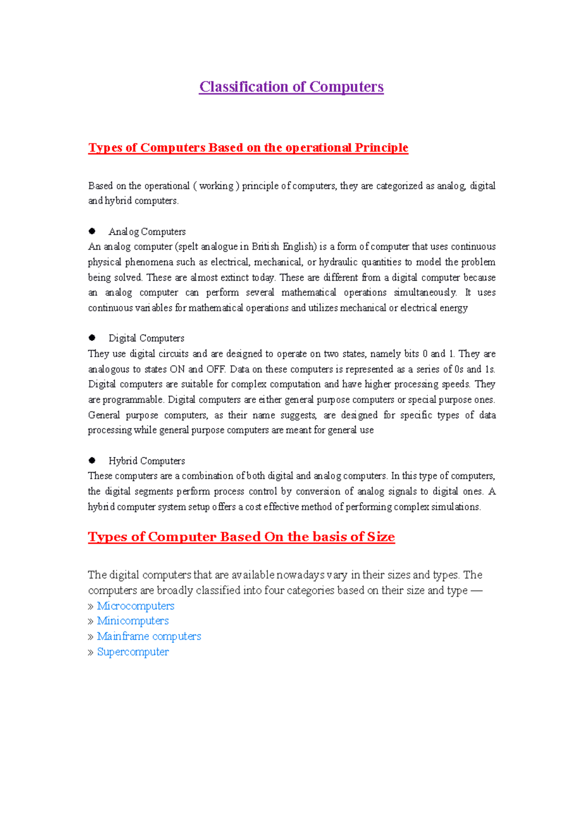 Classification of computer - Classification of Computers Types of ...