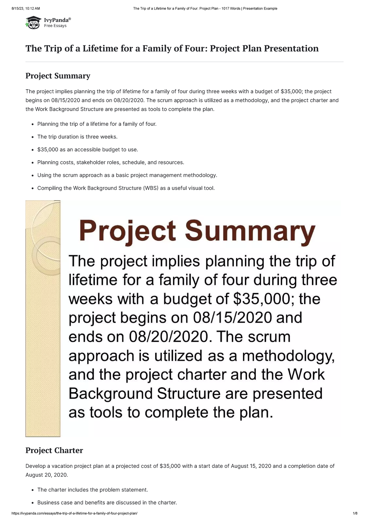 The Trip of a Lifetime for a Family of Four Project Plan - 1017 Words ...