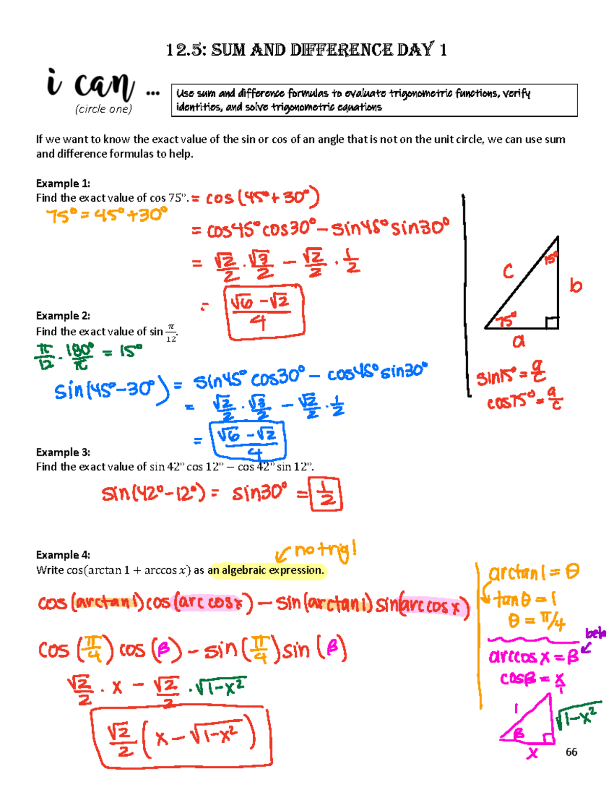 B8 12.5 Notes - Homework - 66 12: SUM AND DIFFERENCE DAY 1 (circle one ...
