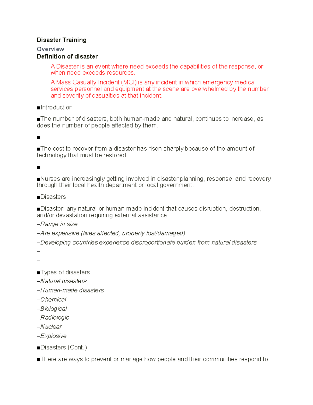Disaster Training - lecture notes - Disaster Training Overview ...