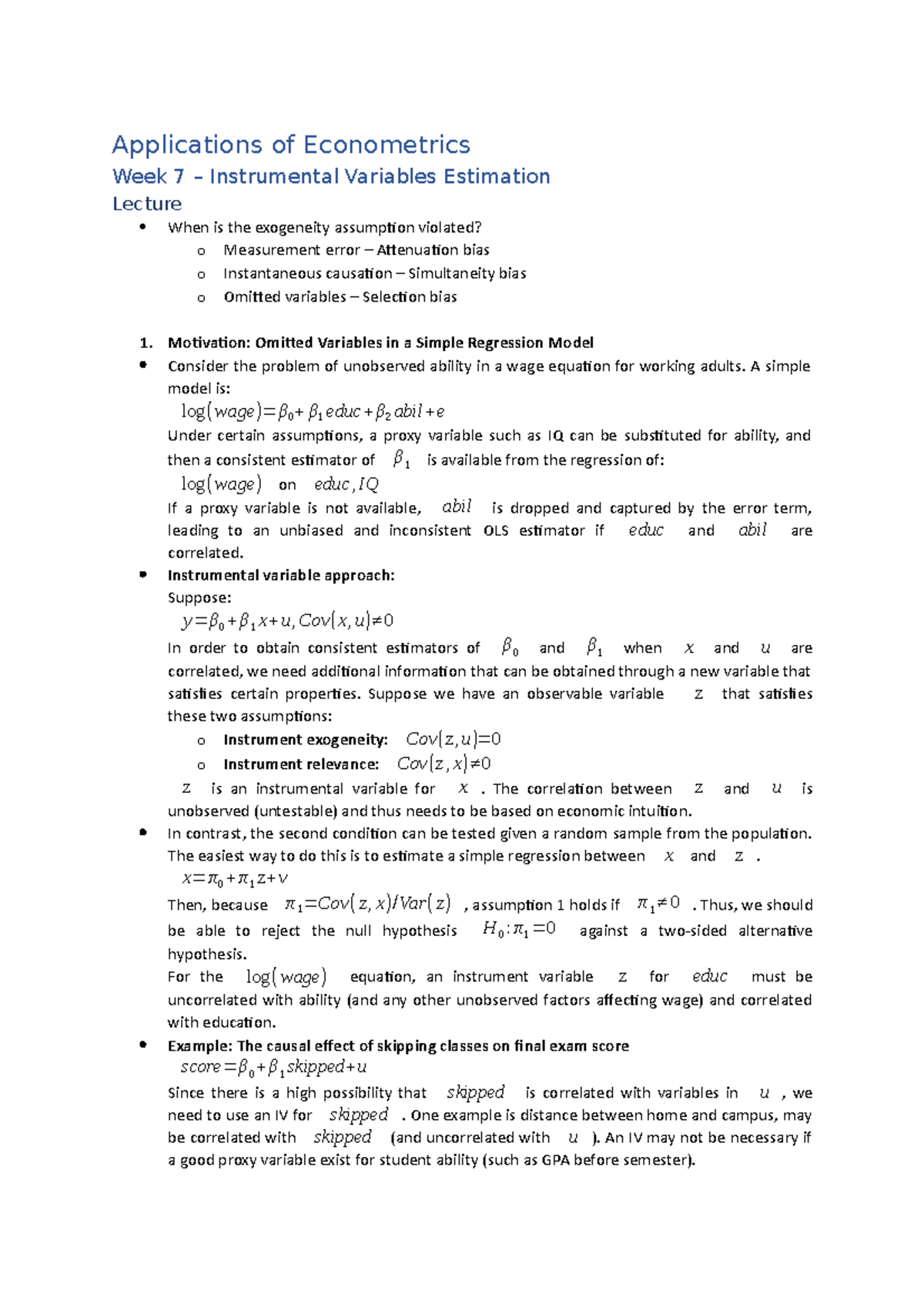 Instrumental Variables Estimation - Applications of Econometrics Week 7 – Instrumental Variables ...