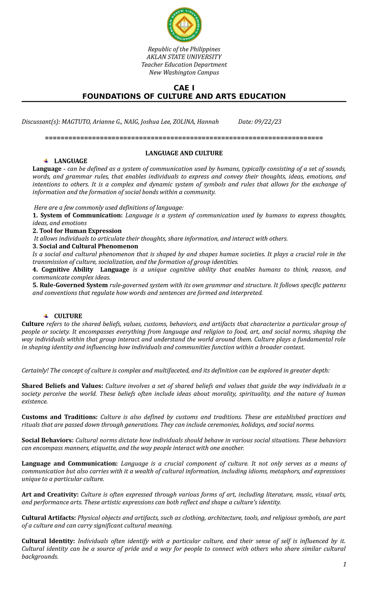 CAE1 Language AND Culture - Republic of the Philippines AKLAN STATE ...