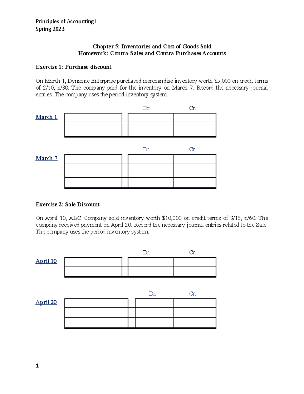 Chapter 5. Homework 1 - Principles of Accounting I Spring 2023 Chapter ...