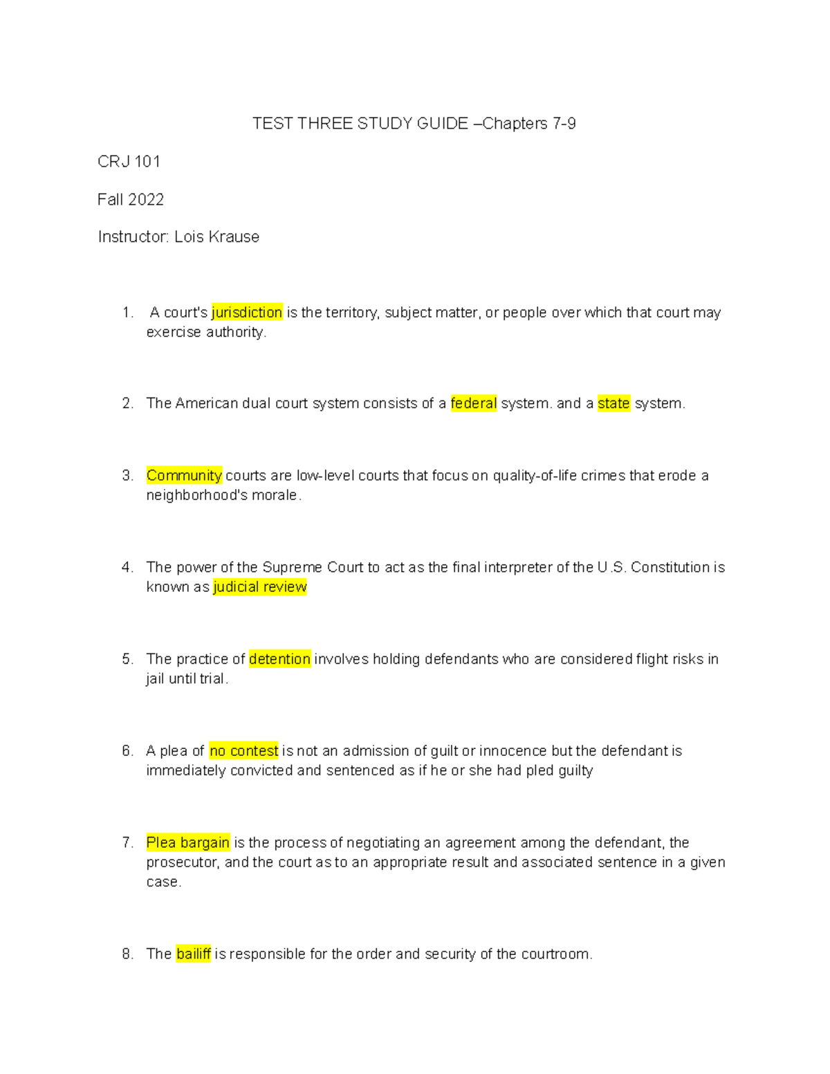 CRJ 101 -Test Study Guide 3 - TEST THREE STUDY GUIDE –Chapters 7- CRJ ...