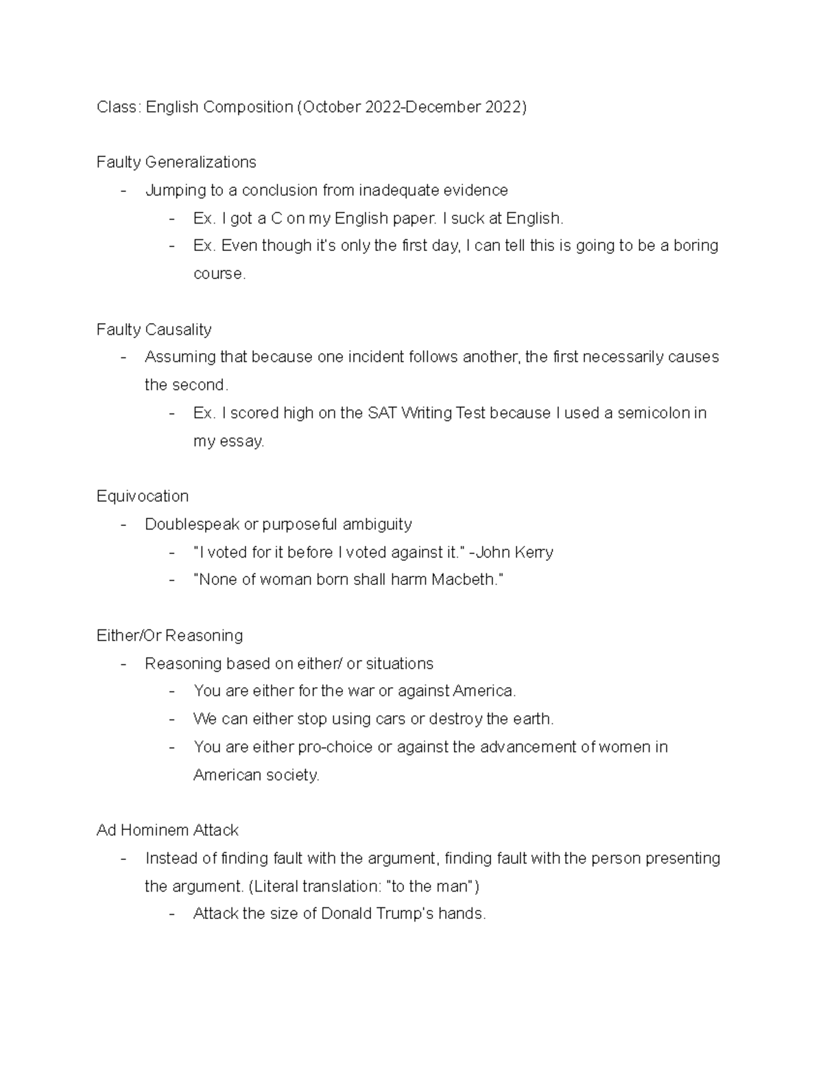 Logical Fallacies Definitions and Examples - Class: English Composition ...