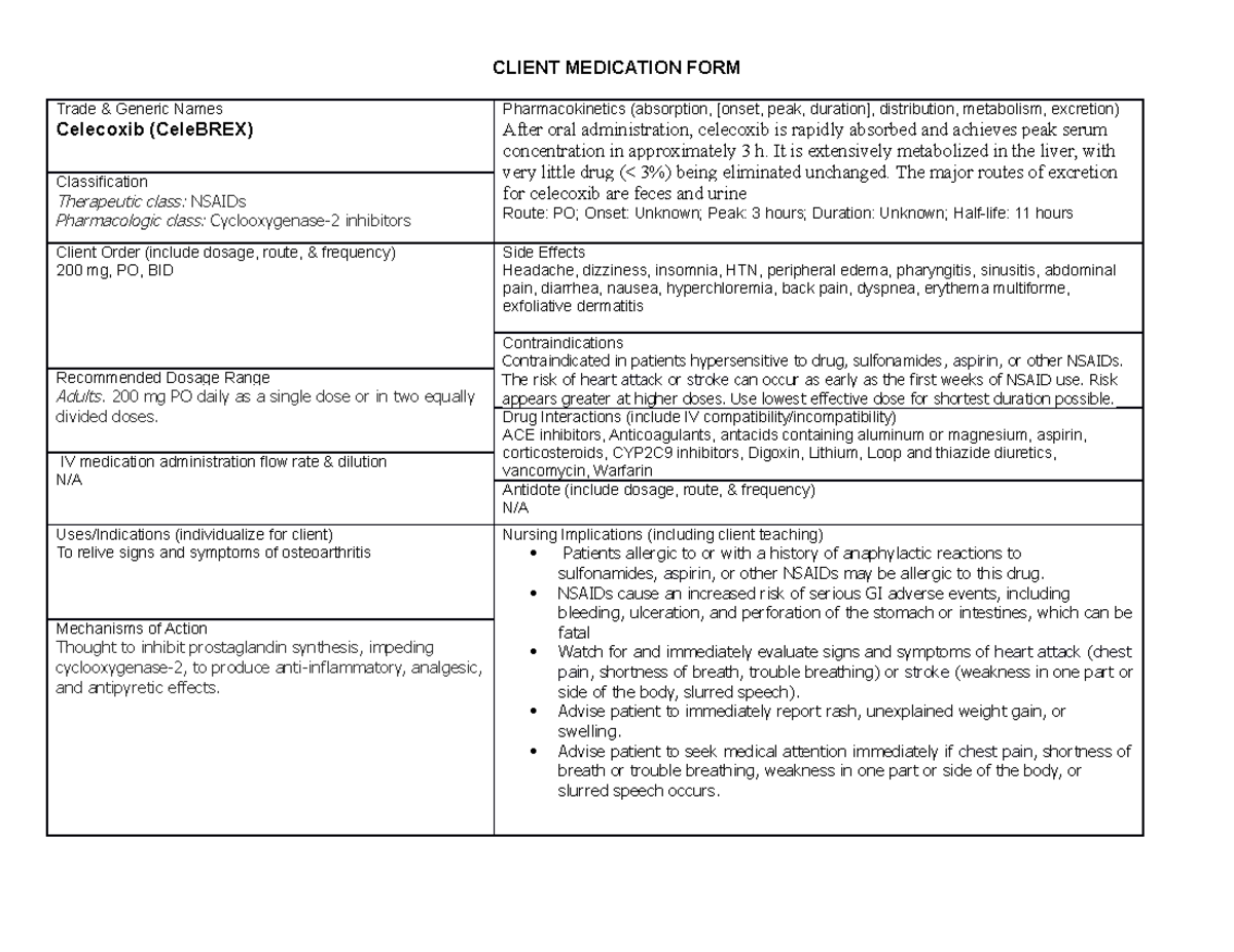 Celecoxib (Cele BREX) - CLIENT MEDICATION FORM Trade & Generic Names ...