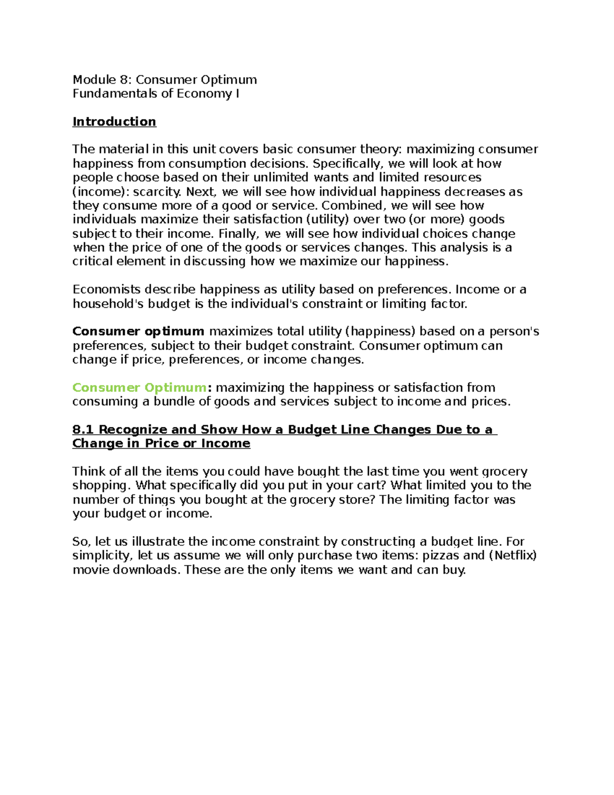 Module 8 Consumer Optimum - Module 8: Consumer Optimum Fundamentals of ...