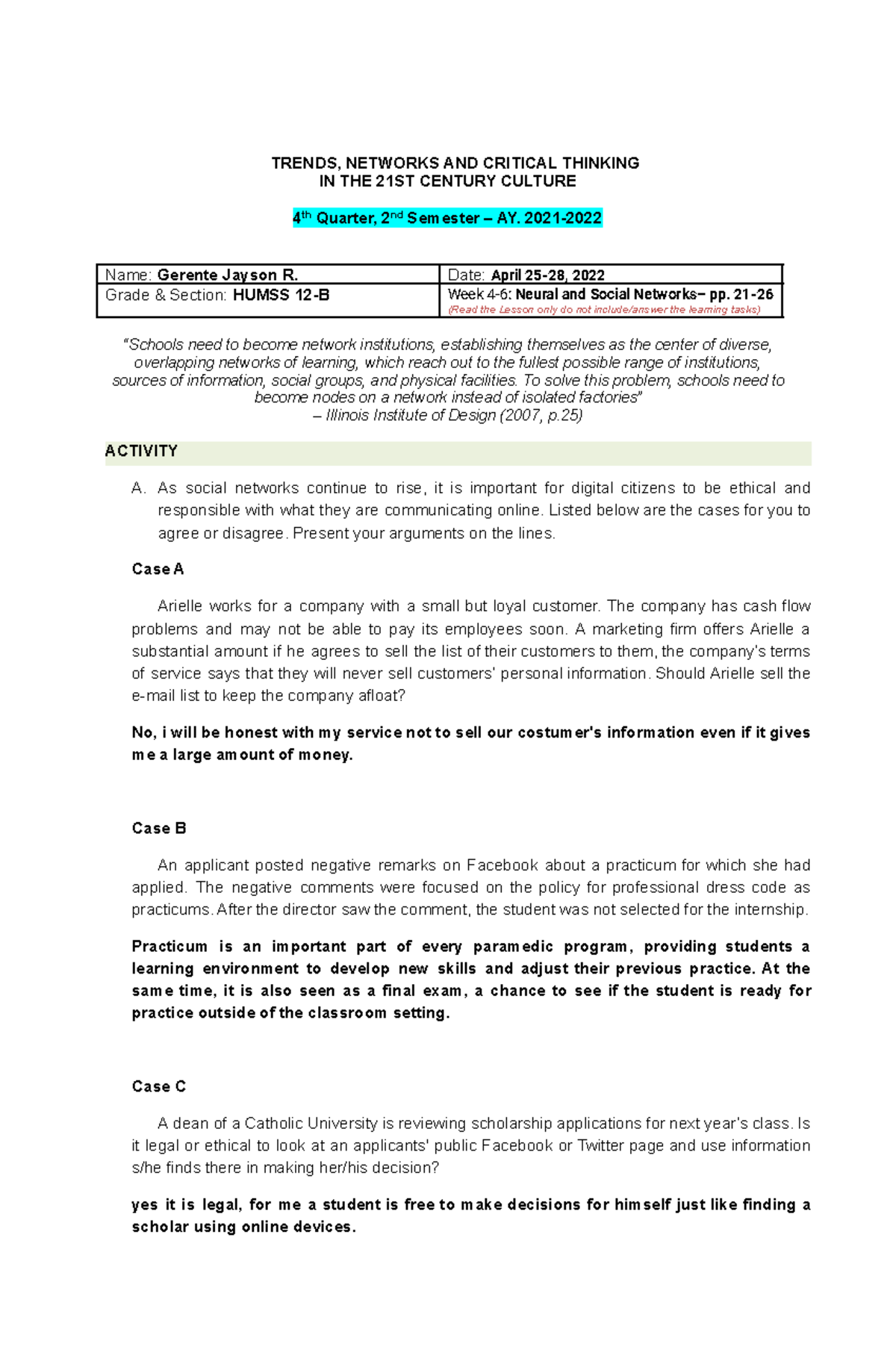 Trend- WEEK 4-6 - This is a assignment for 3rd quarter don't make any ...