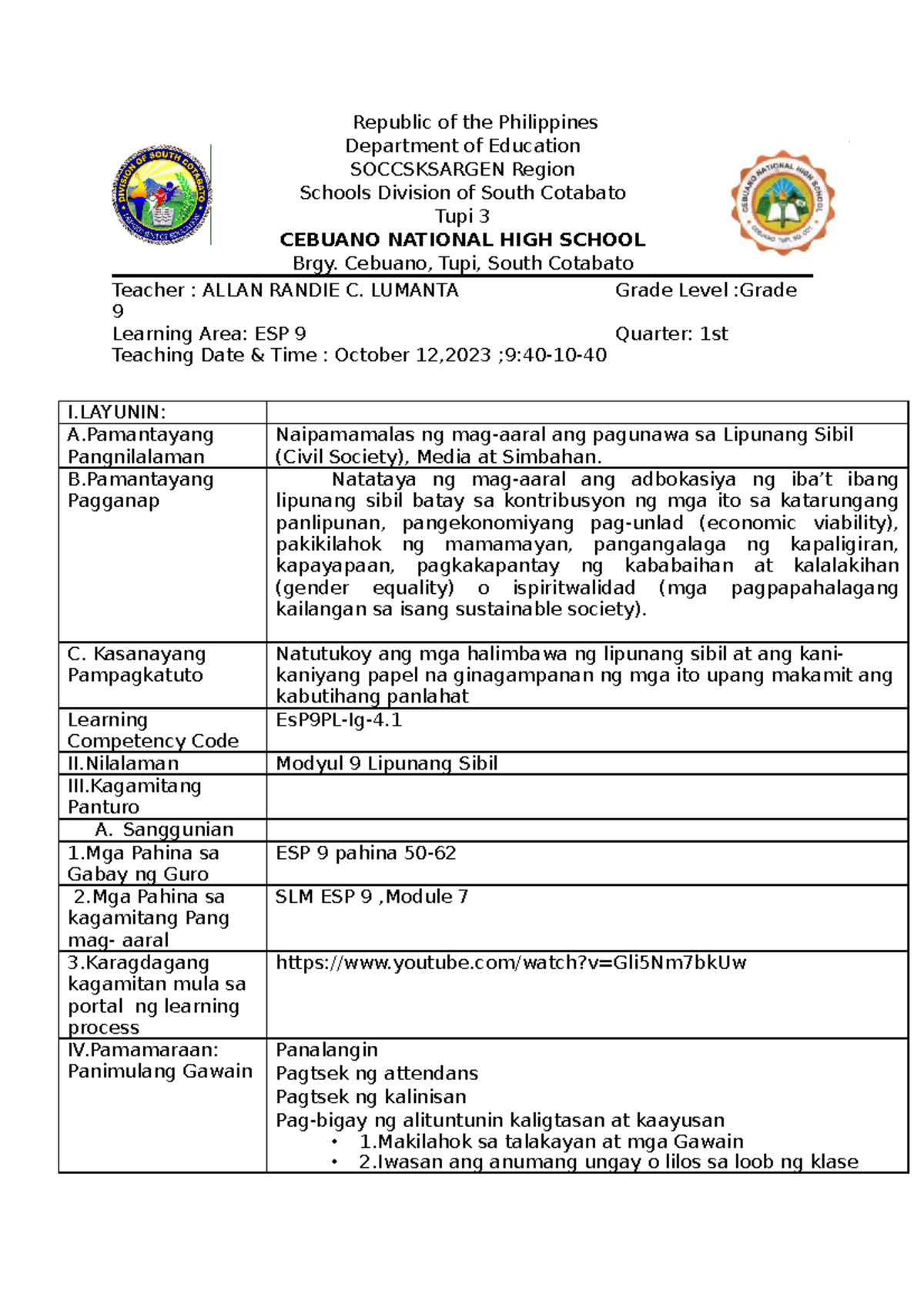Q1 LP - lesson plan - Republic of the Philippines Department of ...