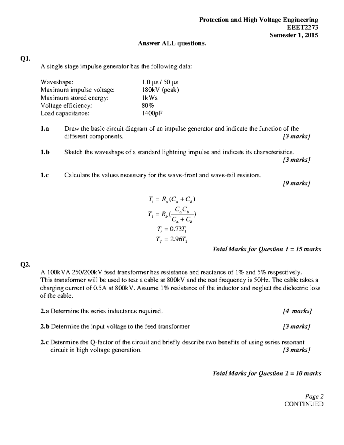 Exam 2015, questions - Protection and High Voltage Engineering Semester ...