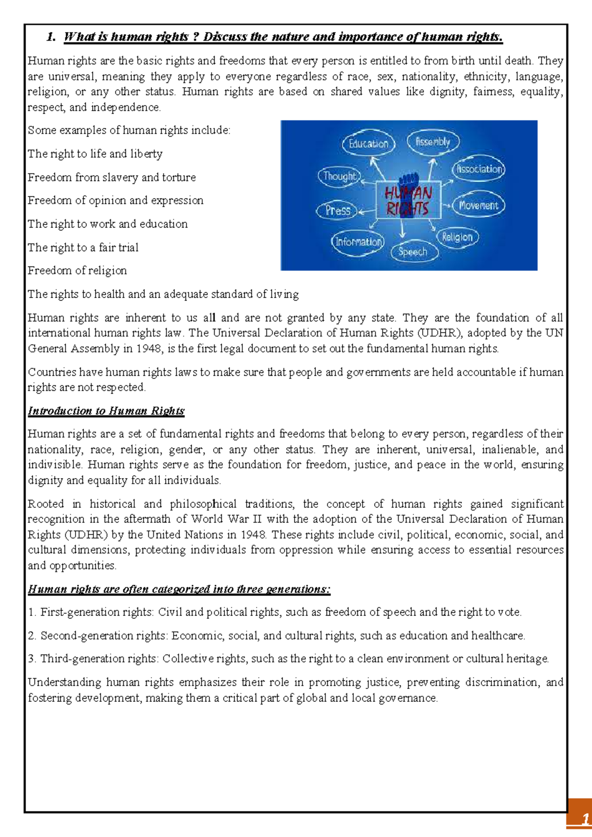 Human Rights 0001 - Political theory - 1. What is human rights? Discuss ...