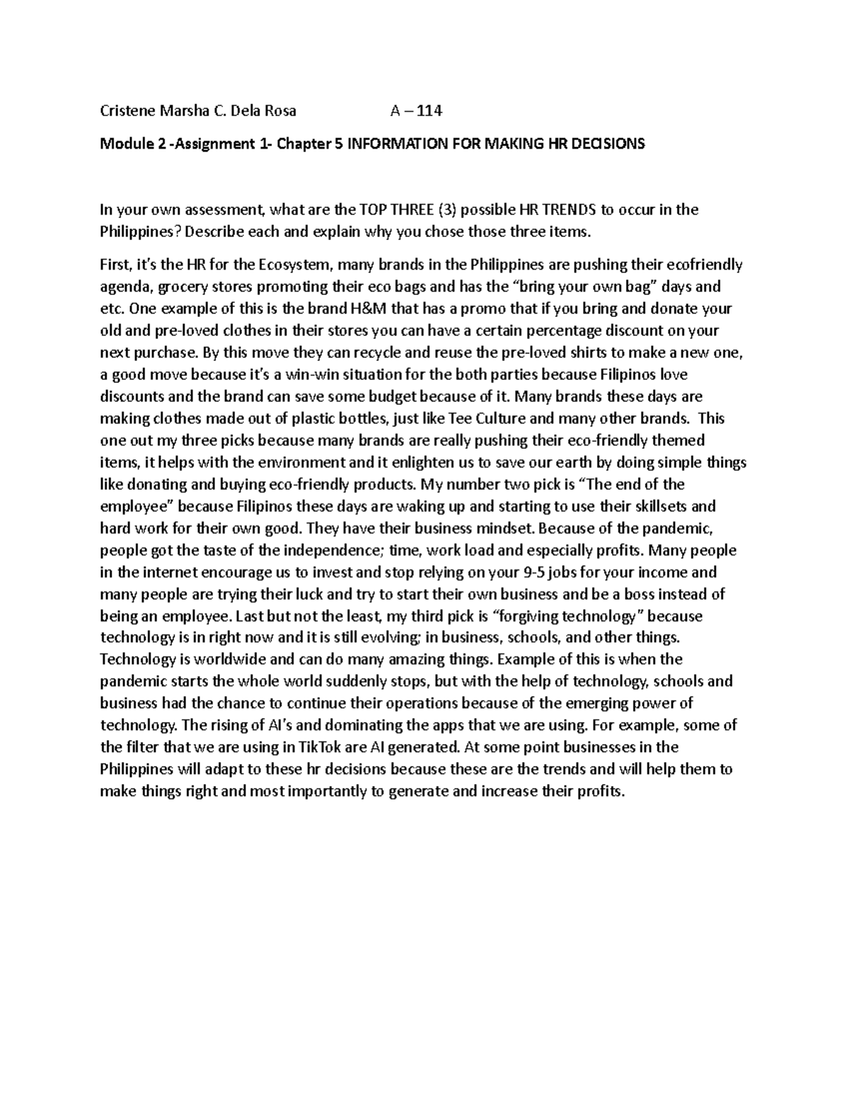 Chapter 5 assignment - Cristene Marsha C. Dela Rosa A – 114 Module 2 ...