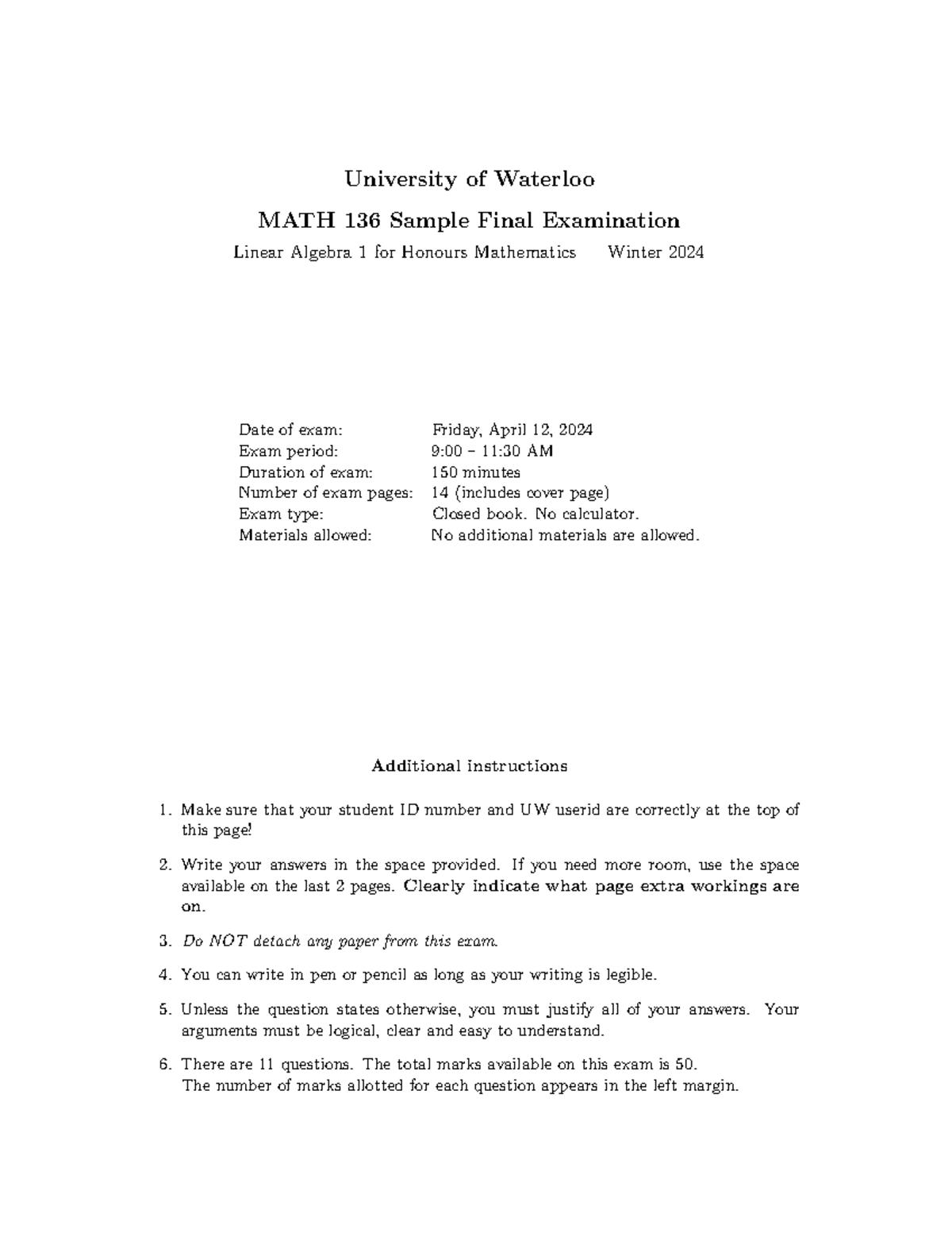 MATH136W24-Sample Final - University of Waterloo MATH 136 Sample Final ...