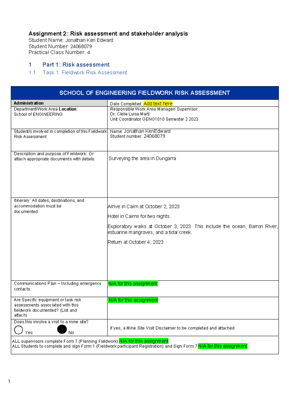 GENG1010 S2 2023 Assignment 2 template - Assignment 2: Risk assessment ...