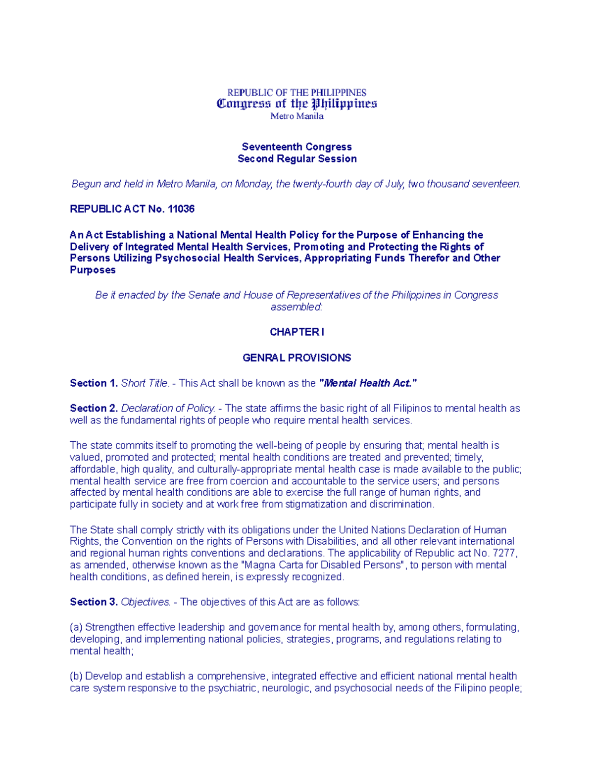 Mental Health Act Republic Act No 11036 BS Psychology Studocu
