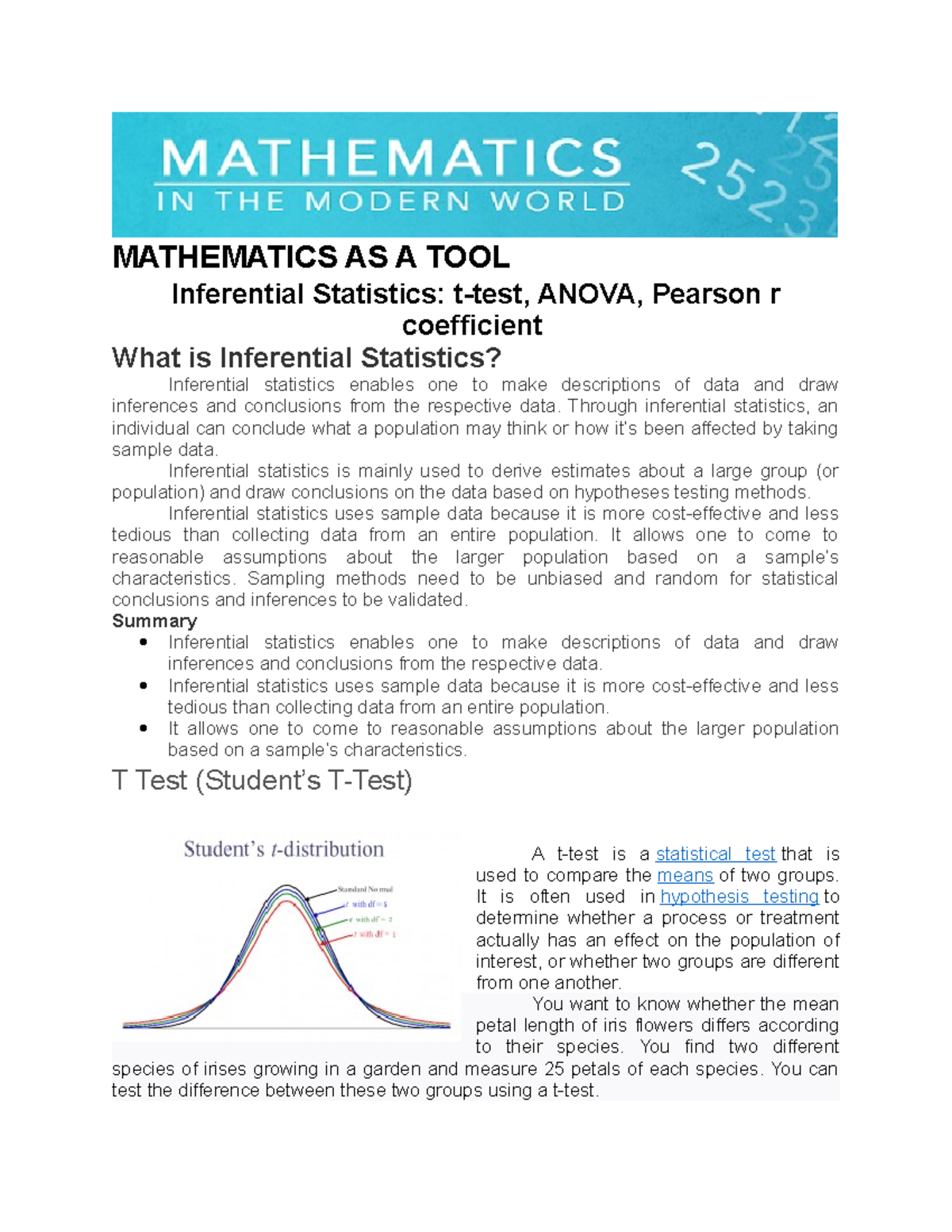 MMW- Mathematics AS A TOOL Inferential Statistics t-test, Annova ...