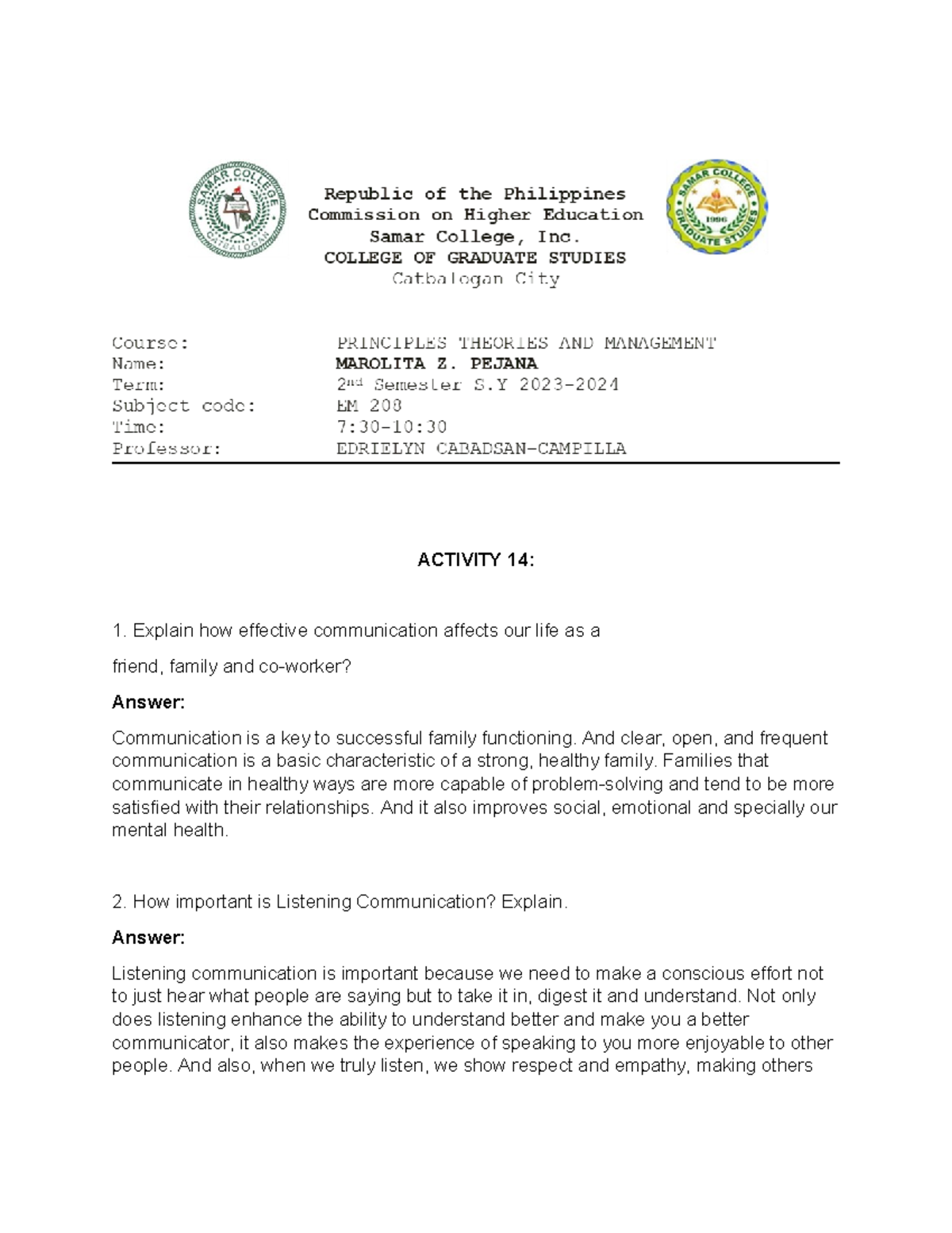 Activity 14- Listening Communication - ACTIVITY 14: Explain how ...