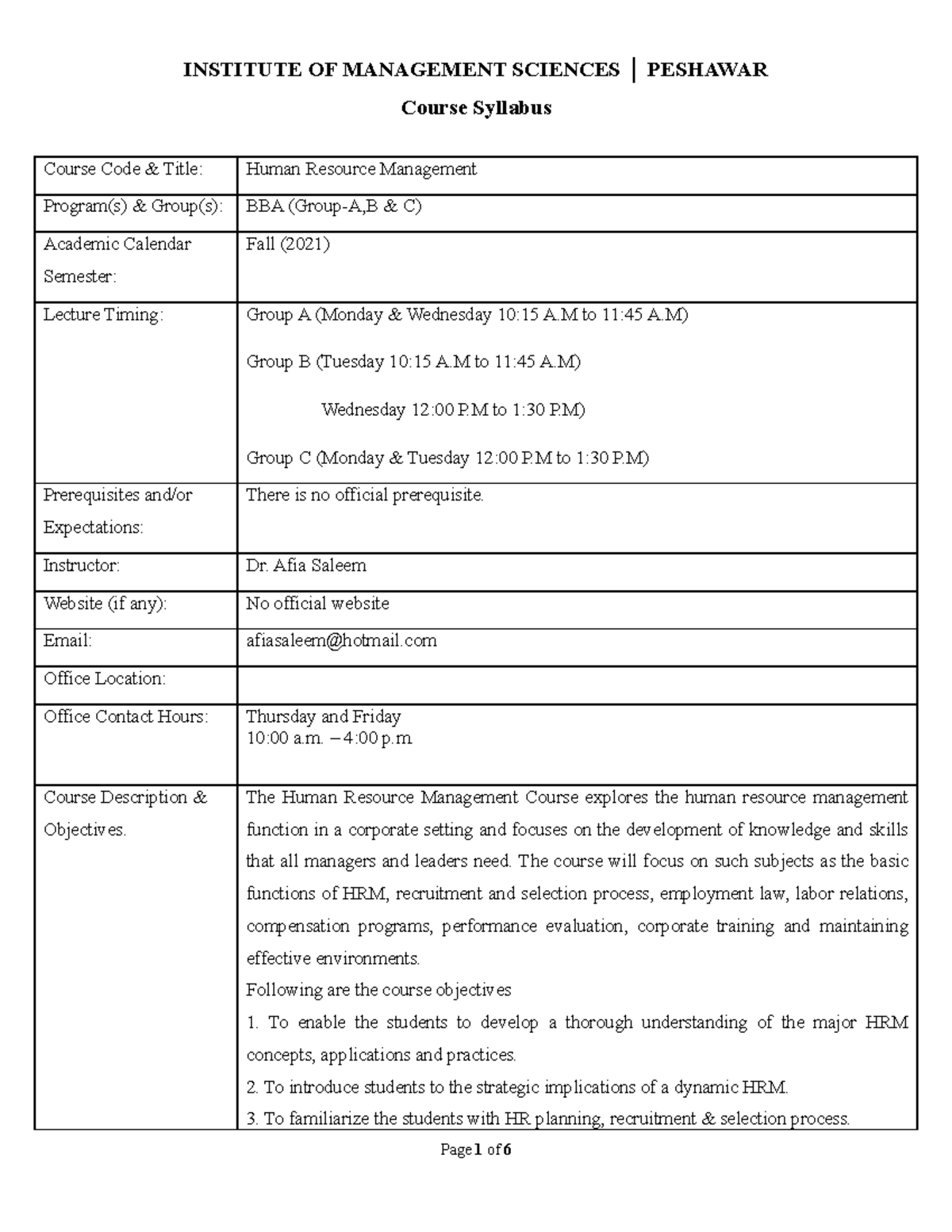 HRM Approved Course Outline - Marketing Management - CUI - Studocu