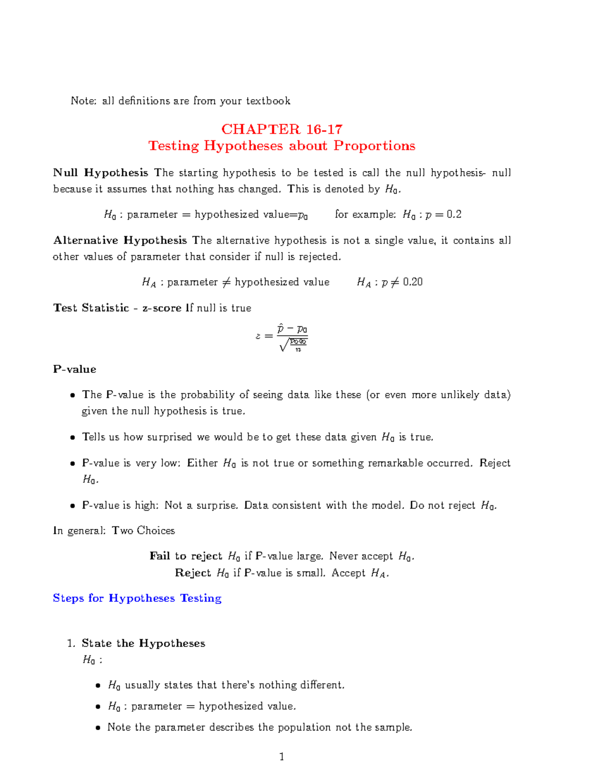 Testing hypothesis about proportions - Note: all definitions are from ...