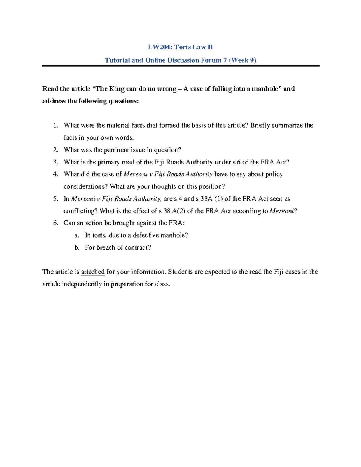 LW204 2024 - Tutorial Online Discussion Forum 7 (Week 9) - LW204: Torts Law II Tutorial and ...