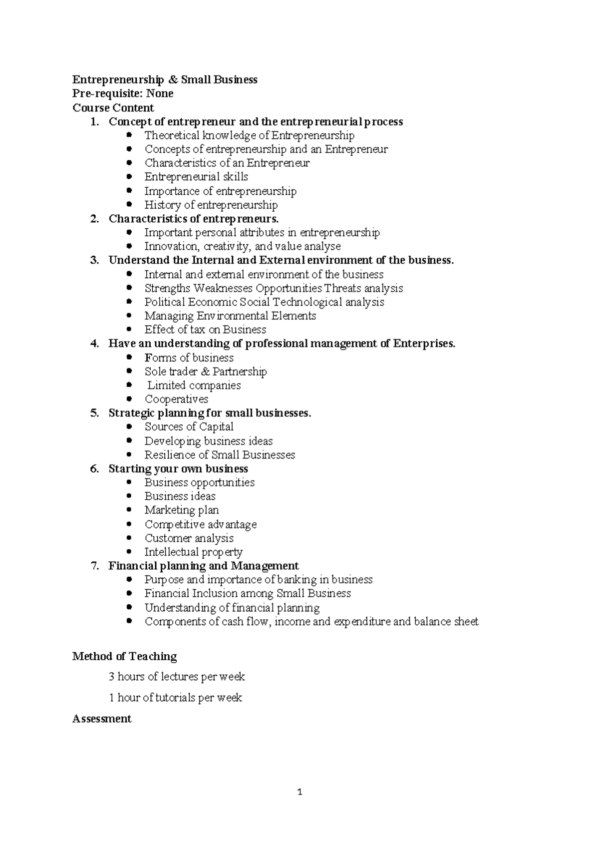 Enterprenuership courseoutline-1 - Entrepreneurship & Small Business ...