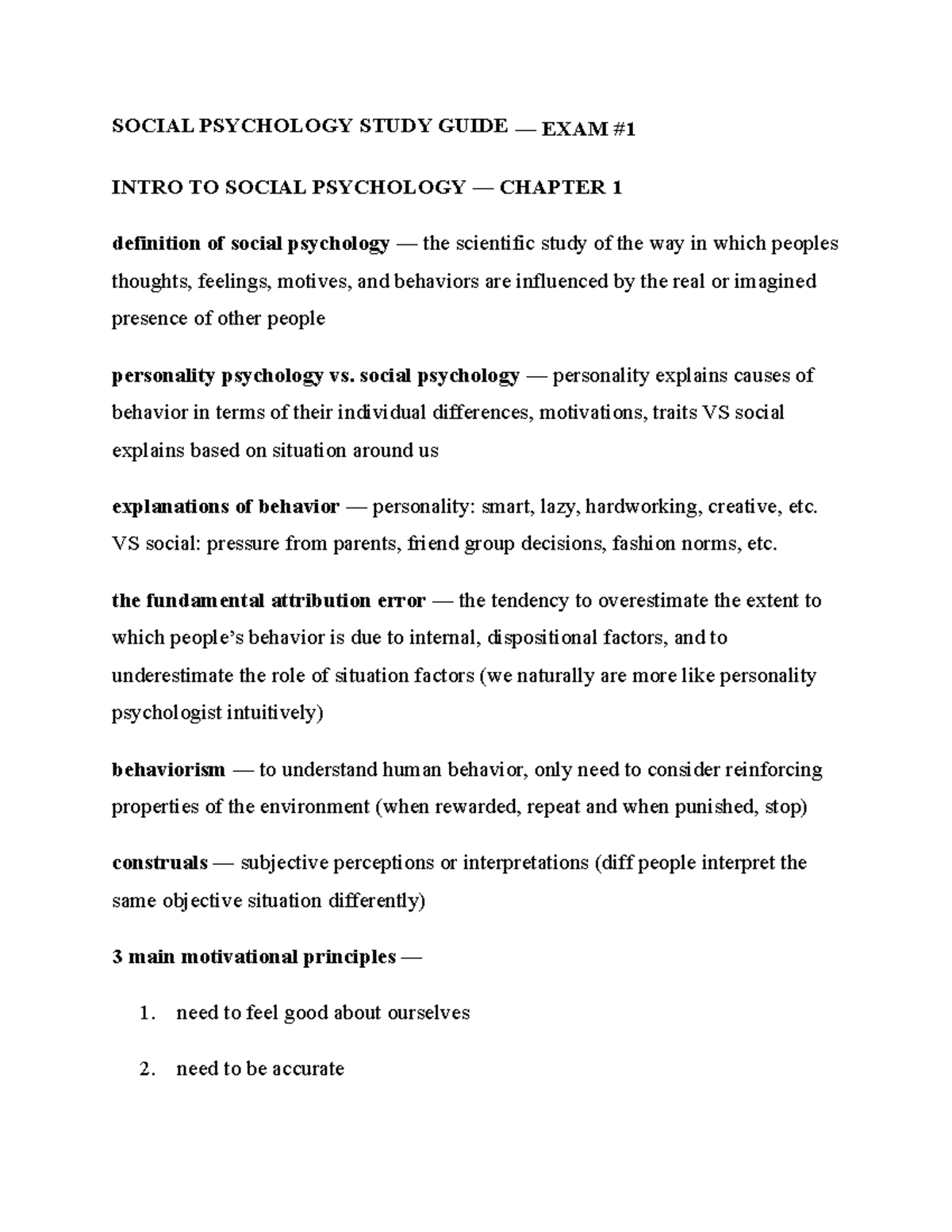 PSCYH 160 Exam #1 Study Guide - SOCIAL PSYCHOLOGY STUDY GUIDE — EXAM ...