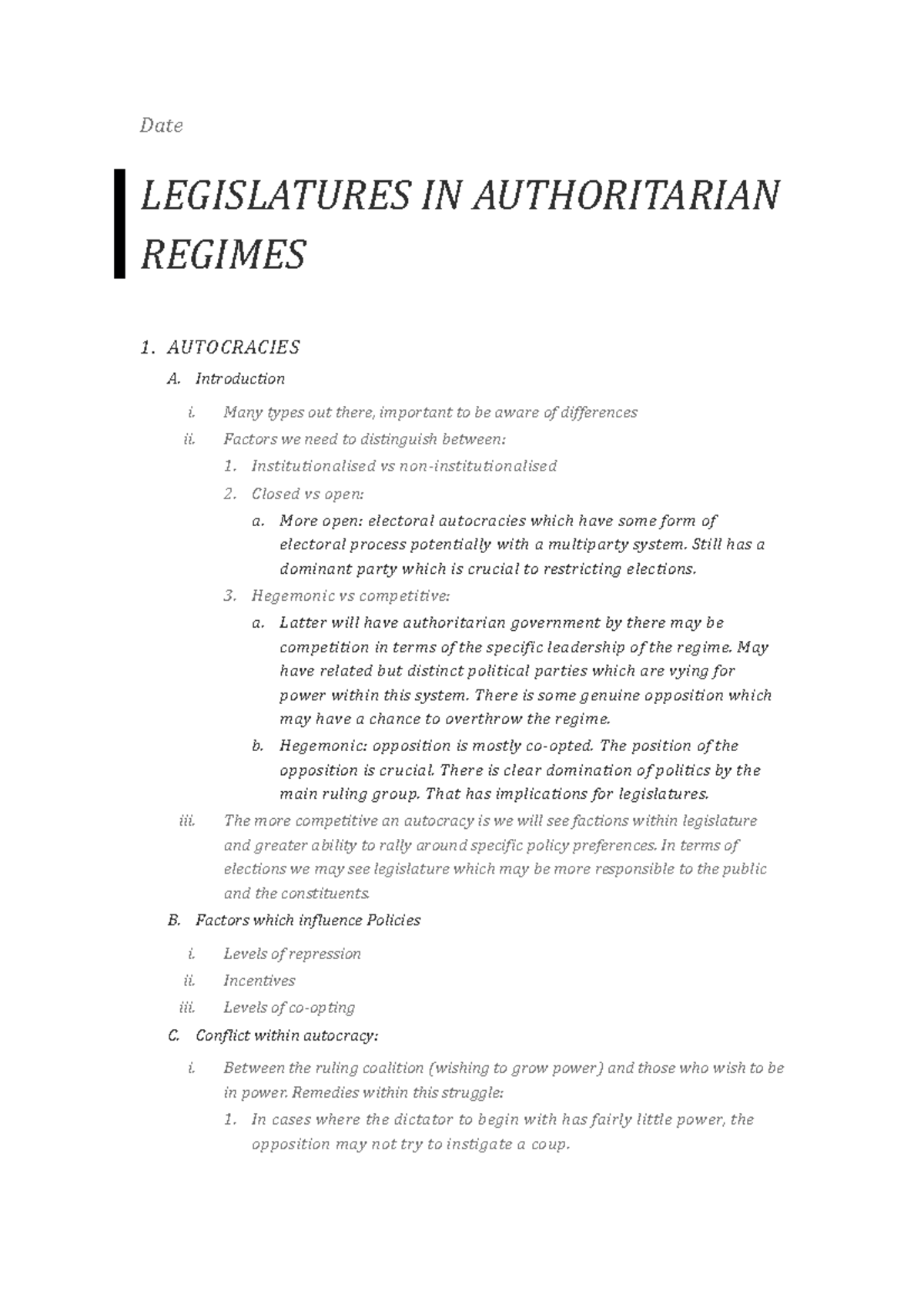 Autocracies tute notes - Date LEGISLATURES IN AUTHORITARIAN REGIMES 1 ...
