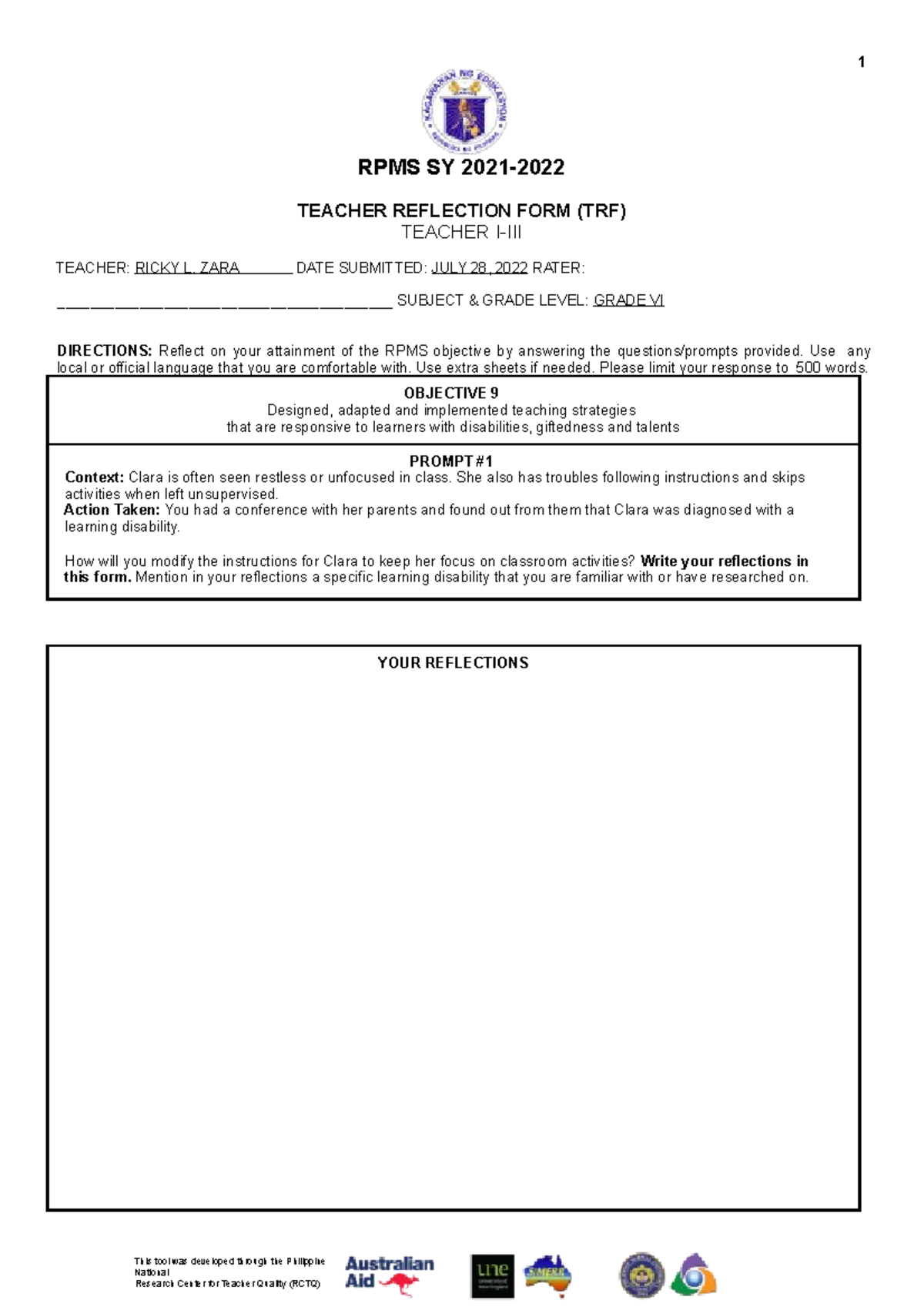 Appendix 4A Teacher Reflection Form for T I III for RPMS SY 2021 2022 ...