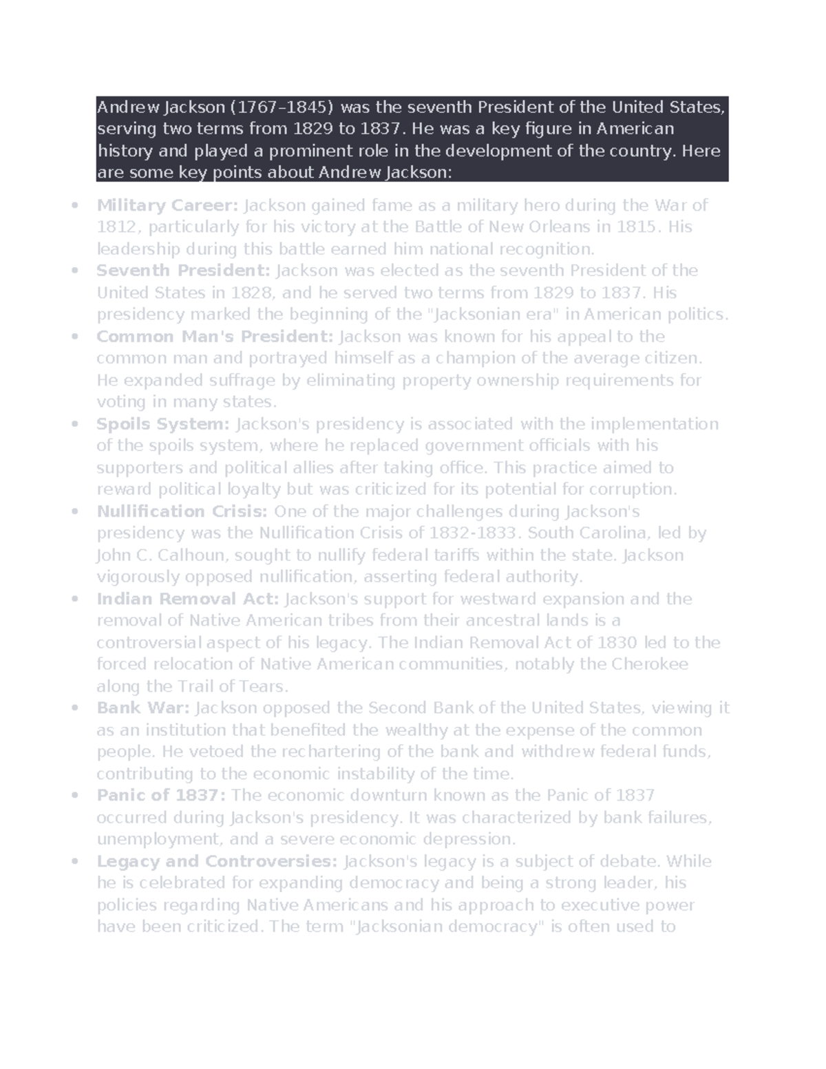 Andrew Jackson - Notes - Andrew Jackson (1767–1845) was the seventh ...