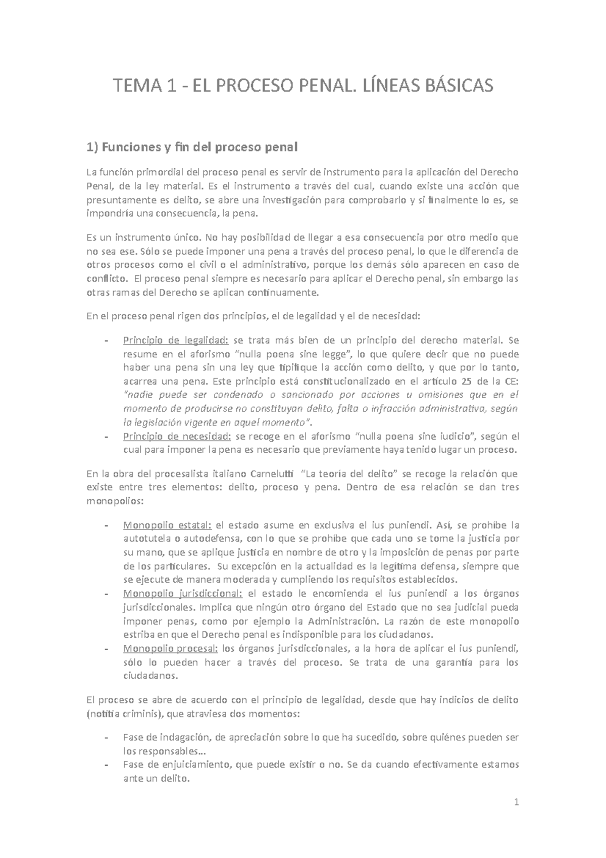 TEMA 1 - Apuntes 1 - TEMA 1 - EL PROCESO PENAL. LÍNEAS BÁSICAS 1 ...