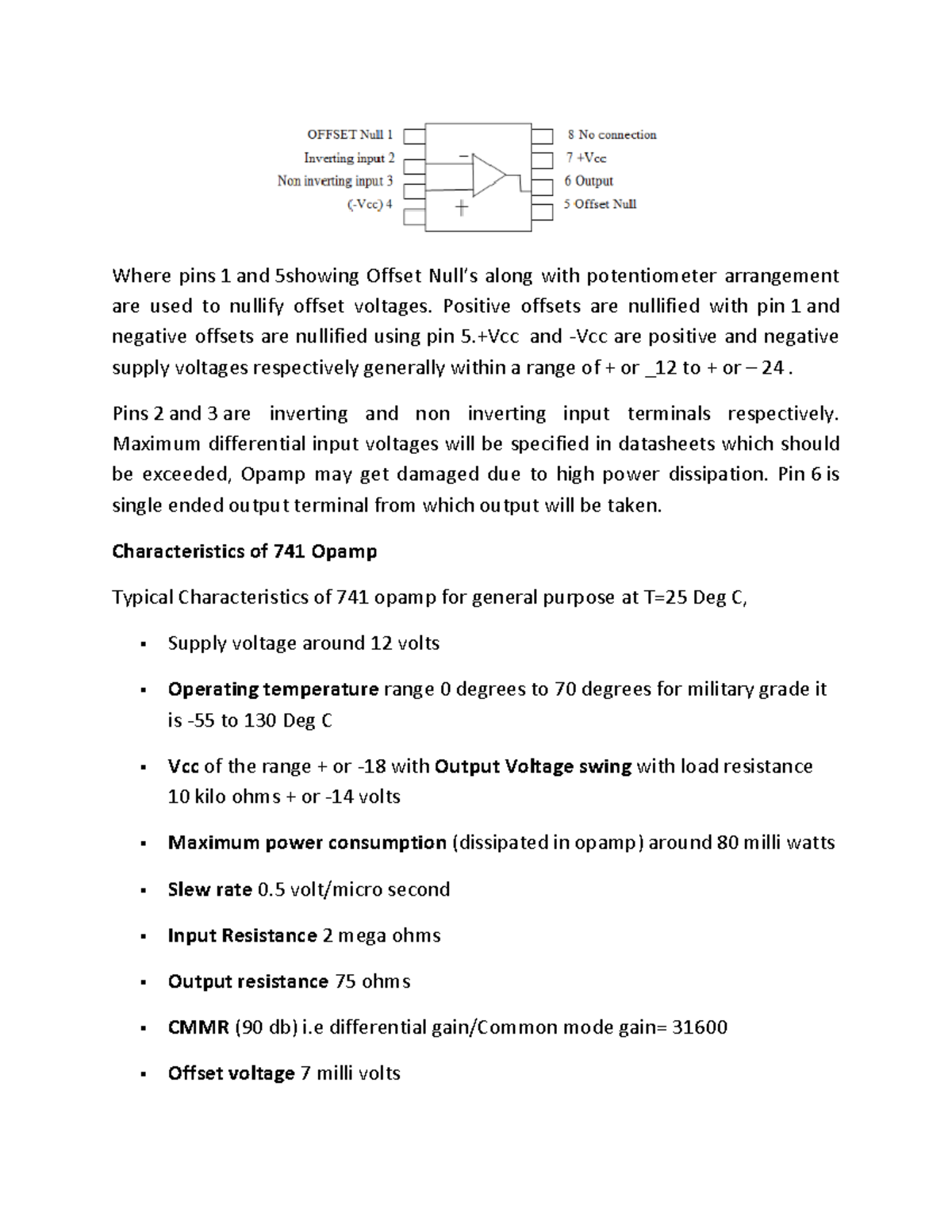 4 - Characteristics of 741 Op amp - Where pins 1 and 5showing Offset ...