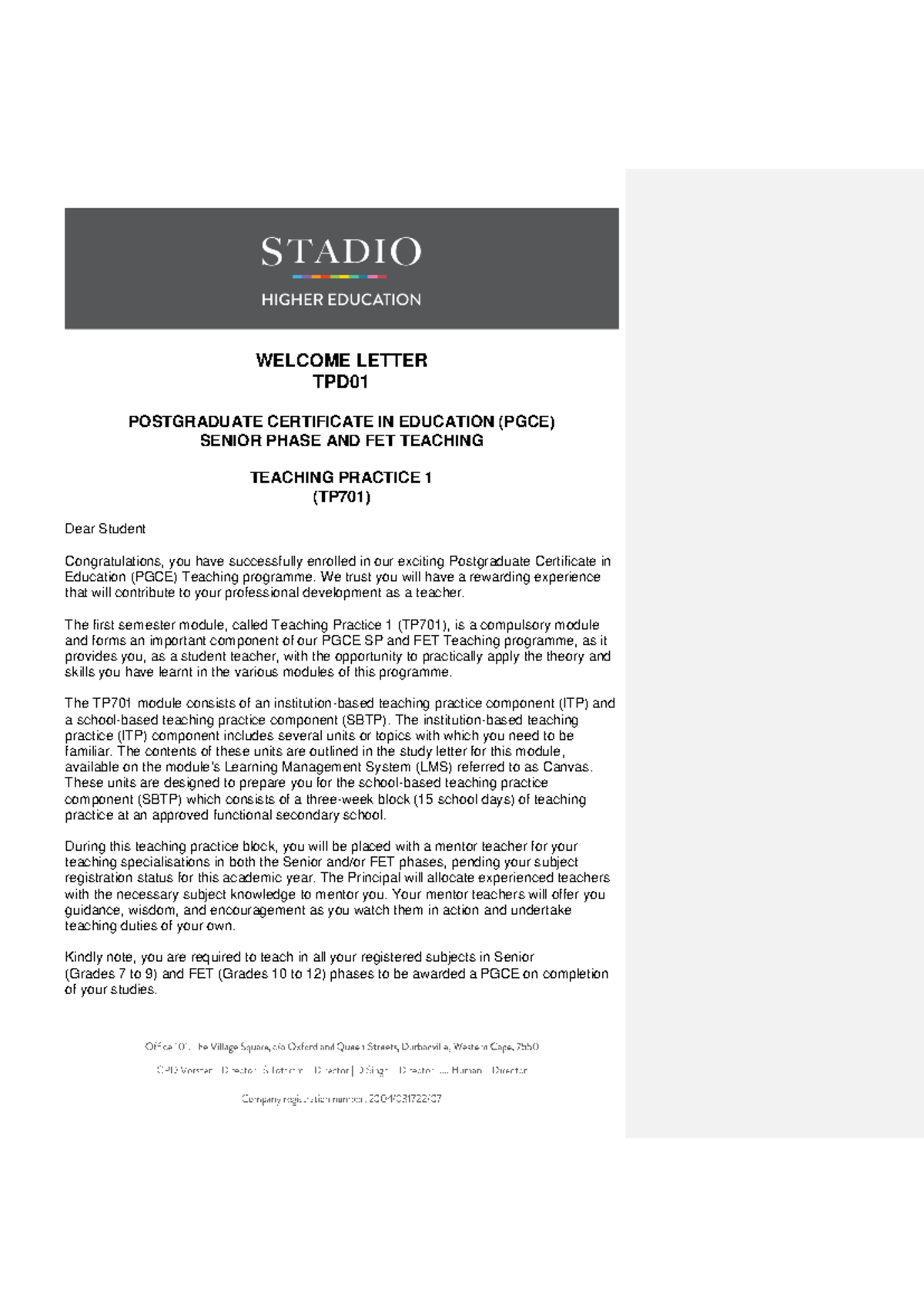 TPWelcome Letter Education - WELCOME LETTER TPD POSTGRADUATE ...