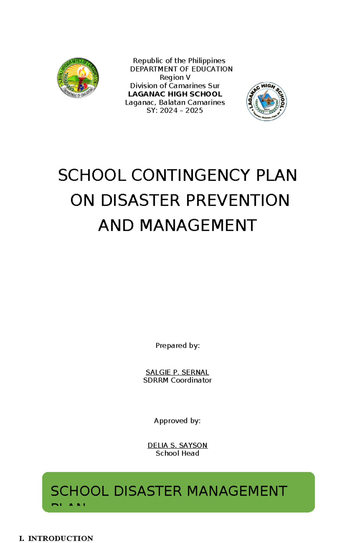 Laganac HIGH School- Contingency-PLAN 2024-2025 - Republic of the ...