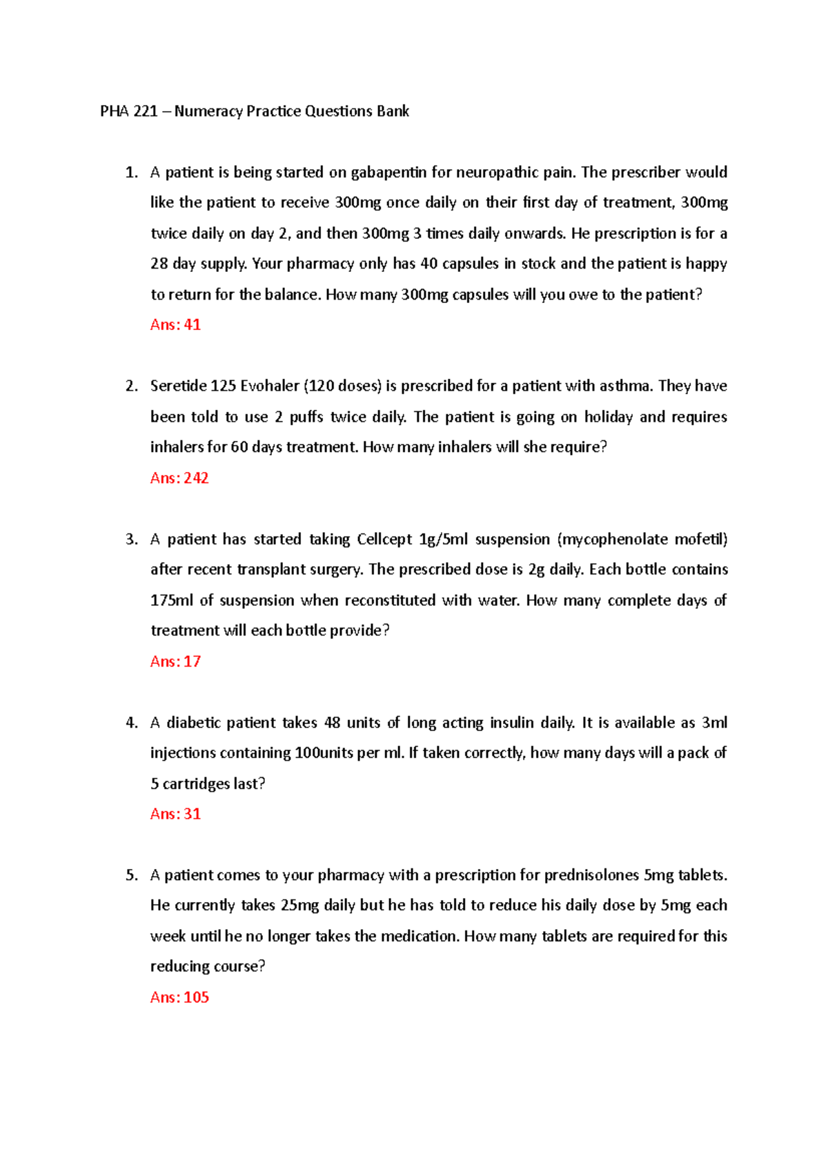 Numeracy Questions Bank - PHA 221 – Numeracy Practice Questions Bank A ...