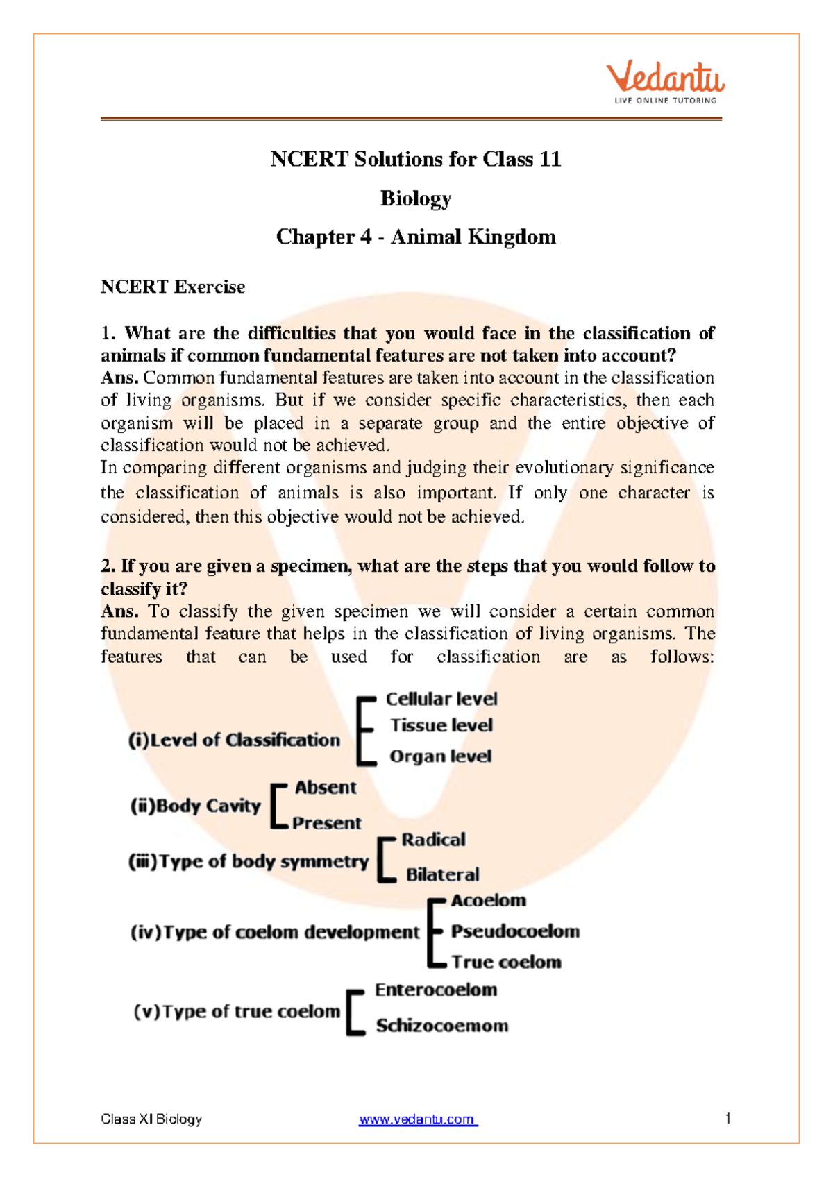 Class 11 - Biology - Animal Kingdom - NCERT Solutions for Class 11 ...
