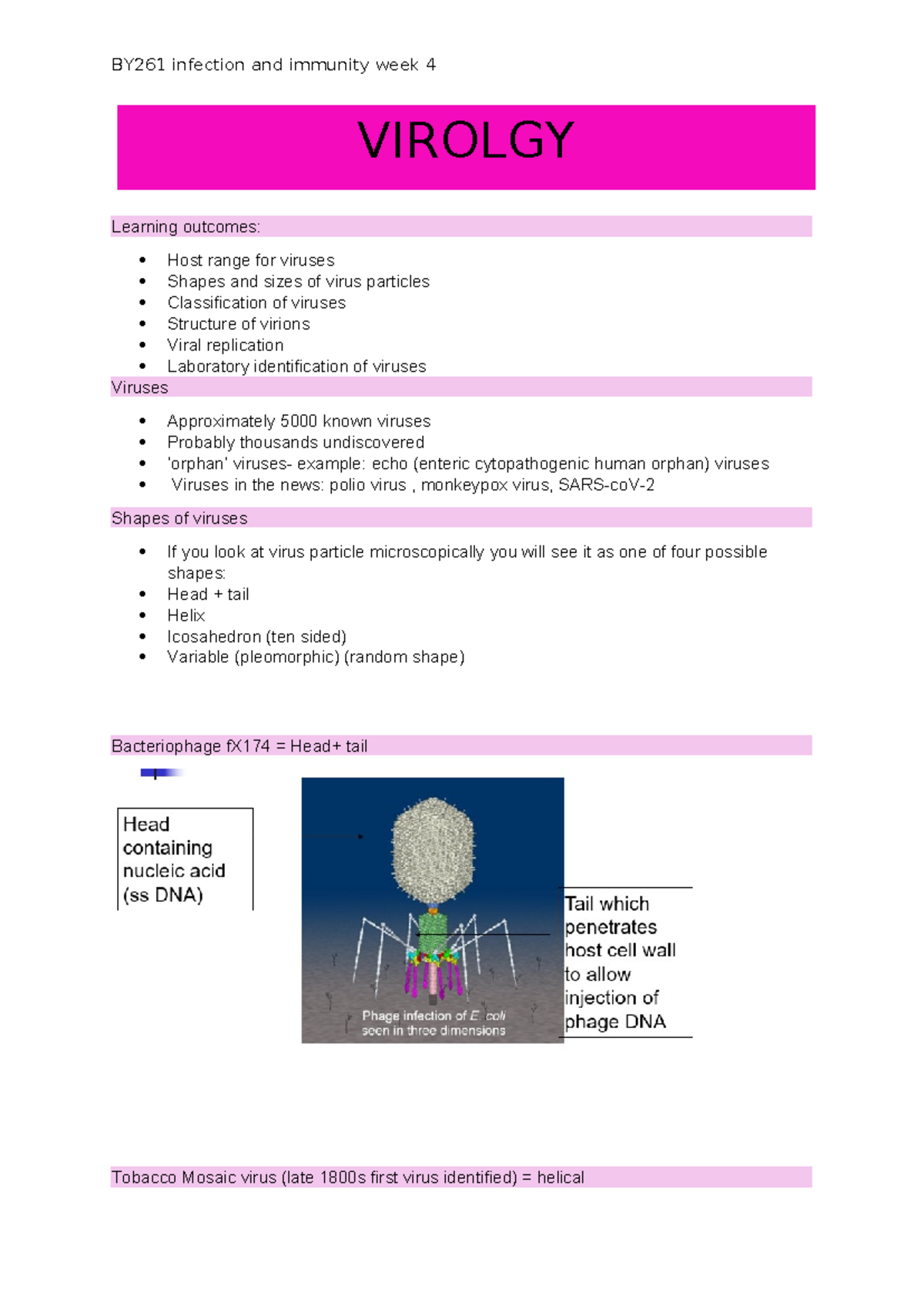 Week 4 virology part 1 - WEEK 4 NOTES - Learning outcomes: Host range ...