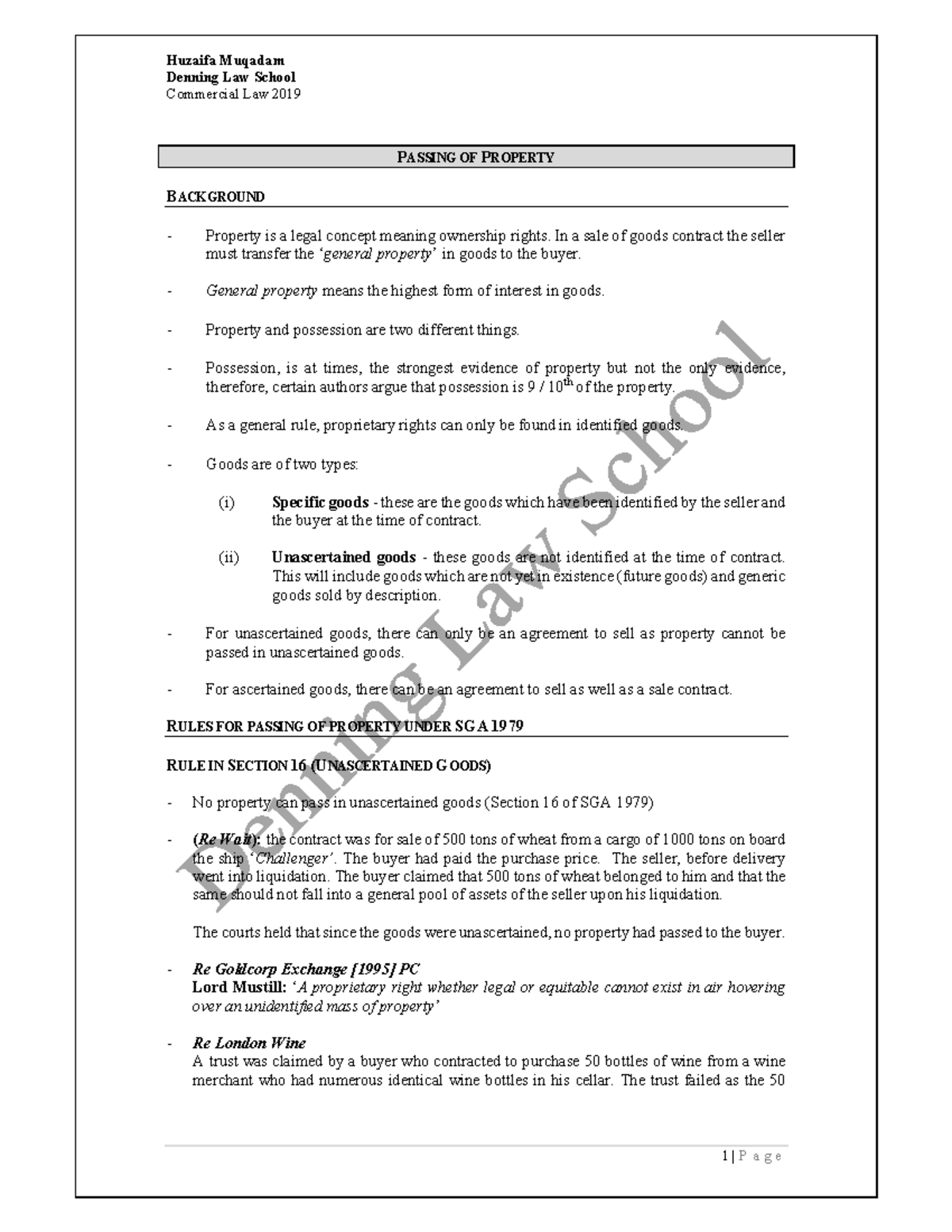 Commercial Law Lecture 2 Passing of Property 2 - Denning Law School Commercial Law 2019 PASSING ...