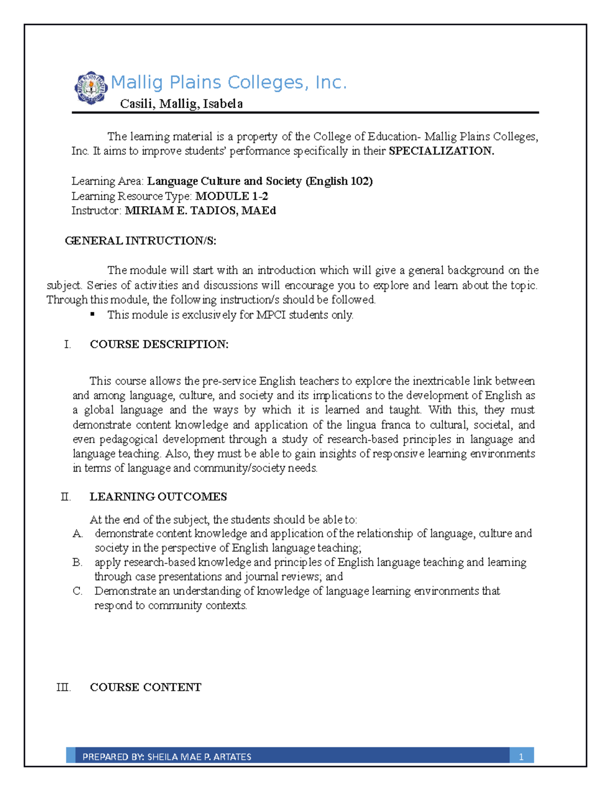 WEEK 1 2 Language Culture AND Society - Mallig Plains Colleges, Inc ...