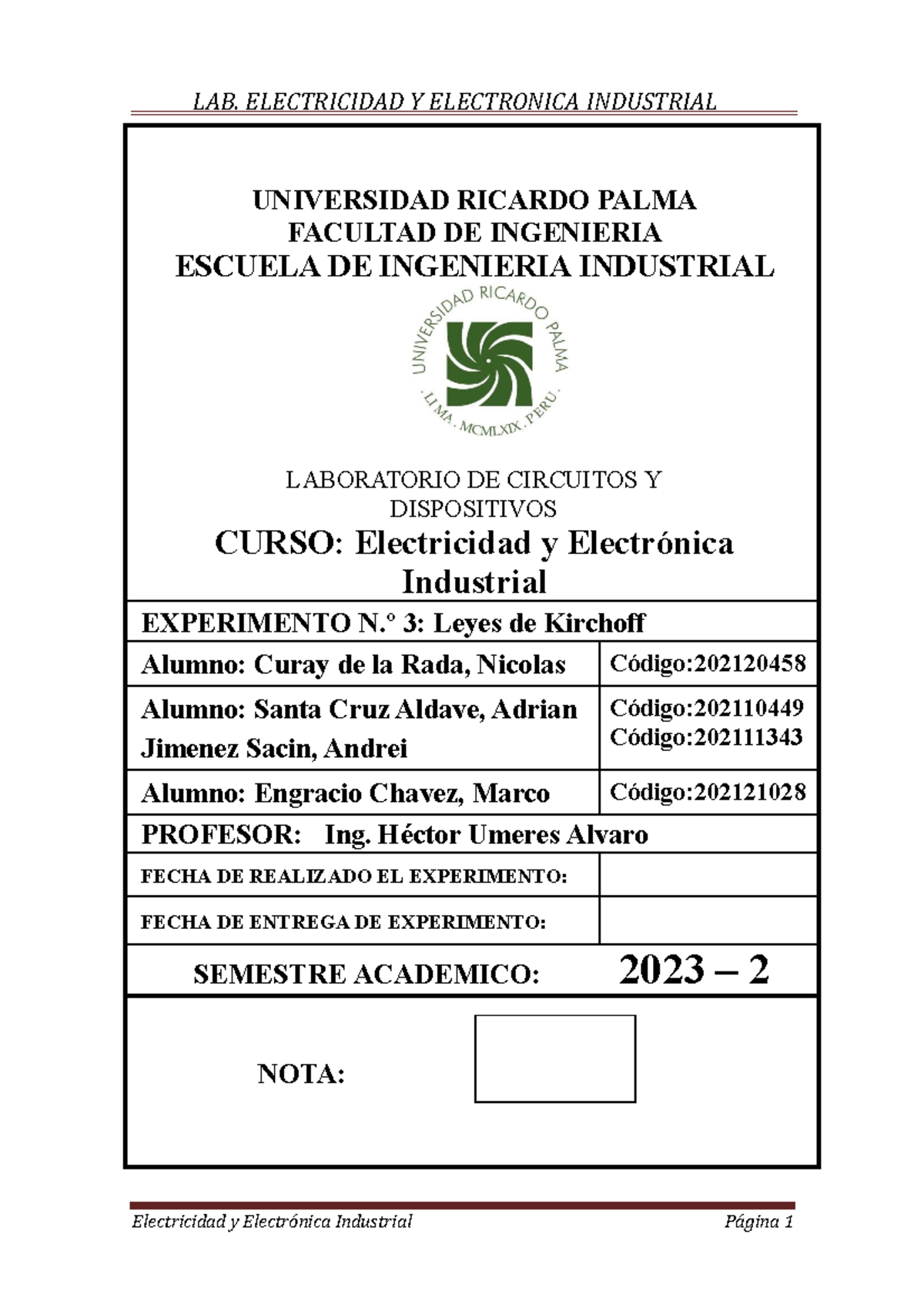 Lab3 EEI - Laboratorio de Electricidad - UNIVERSIDAD RICARDO PALMA ...