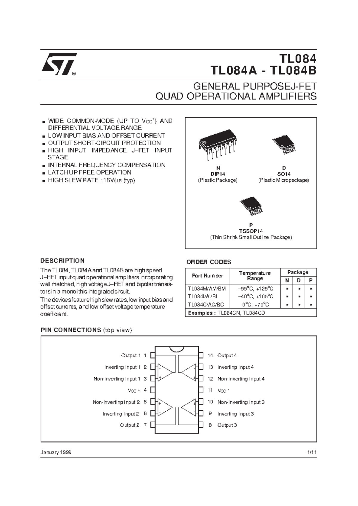 Datasheet TL084 (Hojas especificas del desarrollador) - GENERAL PURPOSEJ-FET QUAD OPERATIONAL ...