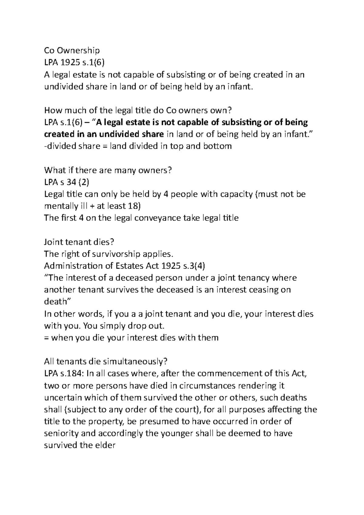 Co Ownership - land law - Co Ownership LPA 1925 s(6) A legal estate is ...